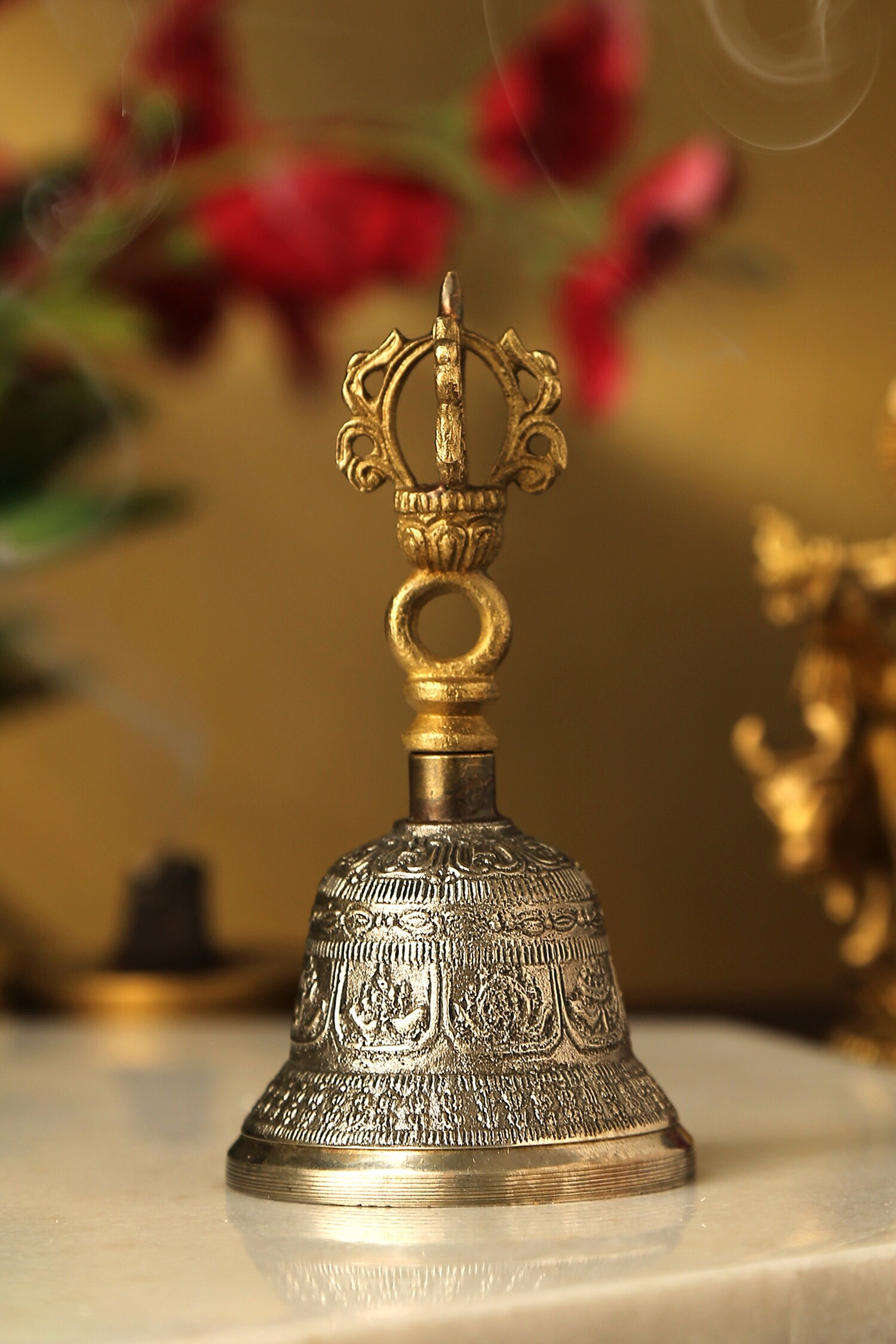 Amoliconcepts Gold Brass Handcrafted Dorjee Design Hand Bell