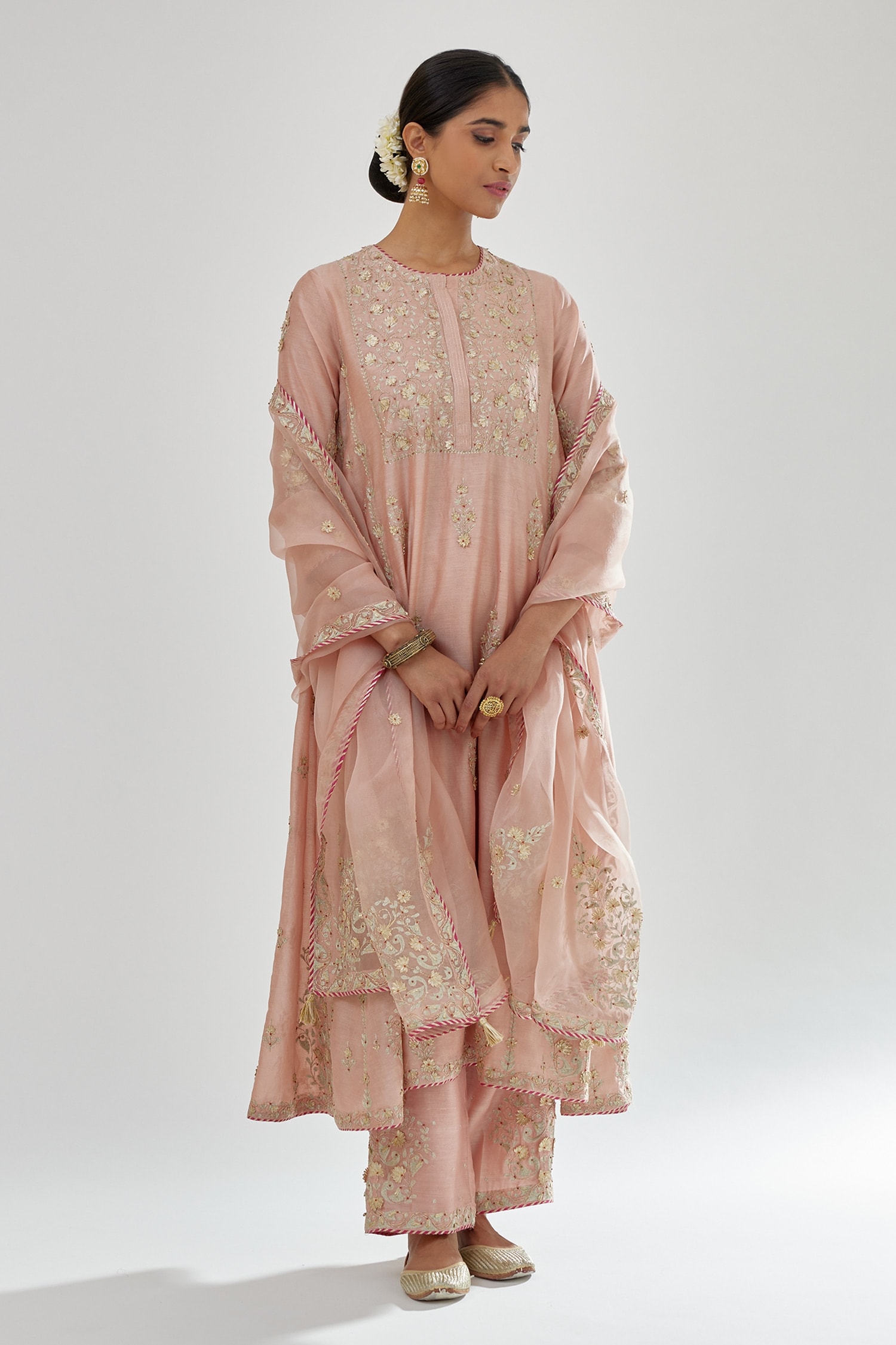 Buy Pink Kurta And Pant Silk Chanderi Embroidery Zari A-line Long Set For Women by KORA Online ...