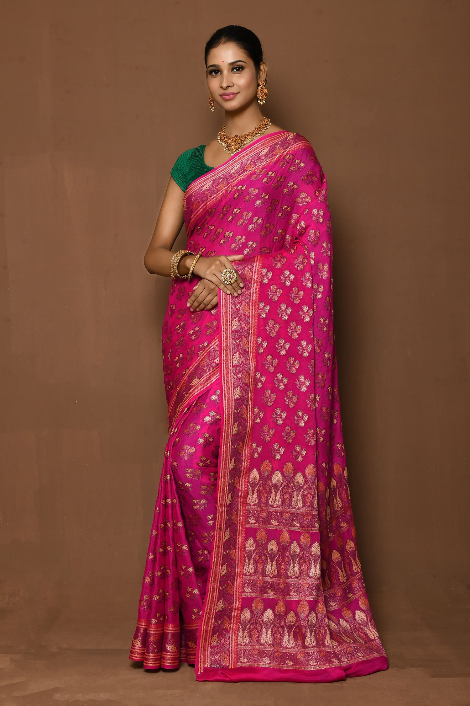 Buy Pink Georgette Woven Floral Champa Pattern Saree For Women by ...