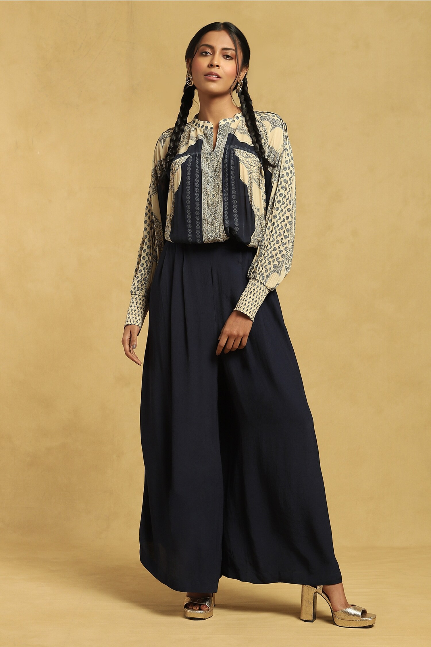 Buy Ritu Kumar Blue Viscose Crepe Paisley Print Kurti And Palazzo Co ...