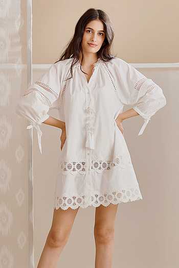 Buy White Cotton Embellished Crochet Lace Work And 3d Organza Nysa ...