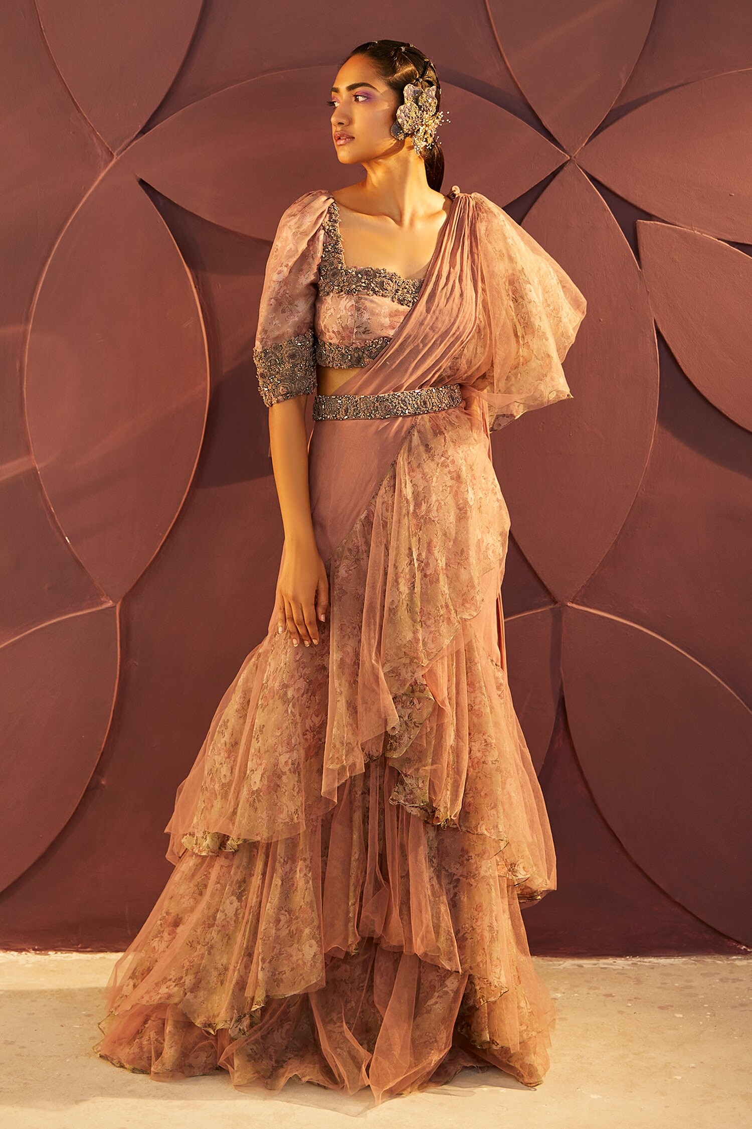 Buy Parul and Preyanka Pink Silk Organza Rosa Pre-draped Ruffle Saree ...