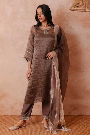 Buy Brown Tissue Zari Hand Embroidered Maheen Stripe Pattern Kurta Set ...