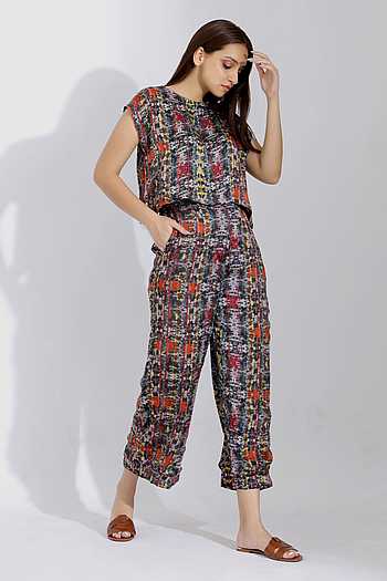 Buy Multi Color Georgette Satin Printed Geometric Round Top And Pant ...