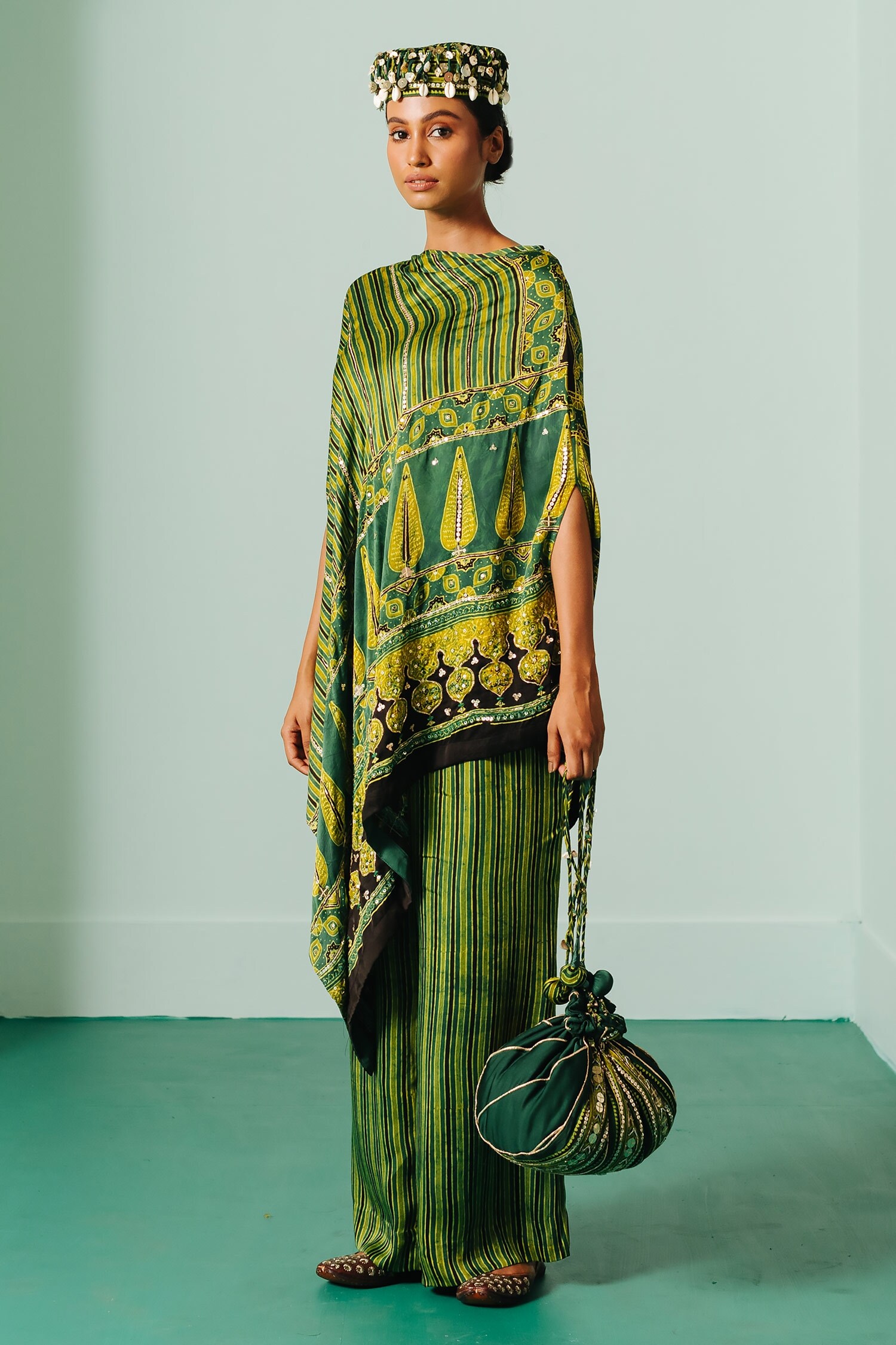 Buy Green Satin Hand Block Print Ajrakh Boat Neck Kaftan And Pant Set ...