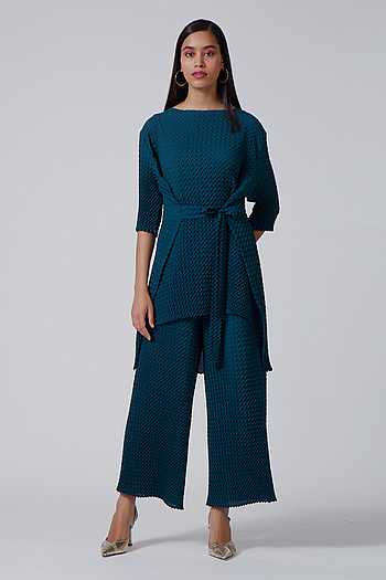 Buy Blue 100% Polyester Chevron Round Carina Asymmetric Top And Pant ...