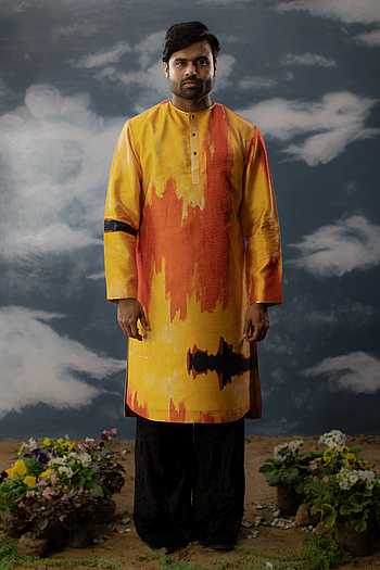 Buy Yellow Silk Dupion Printed And Hand Embroidered Abstract & & Kurta ...