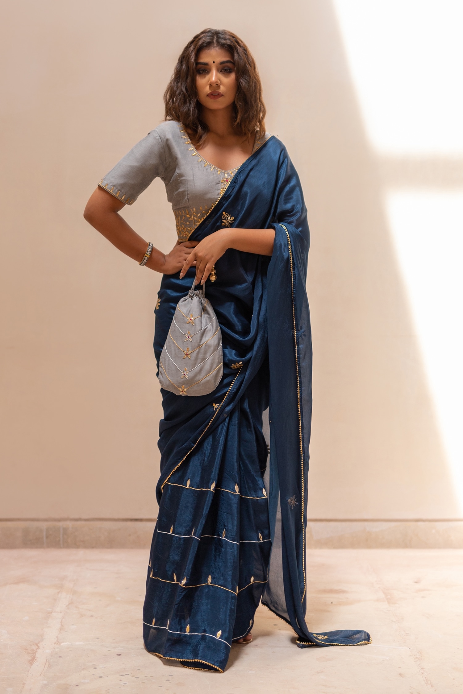 Buy Blue Saree Chinon Embroidered Gotapatti V Neck Gota Floral Butti ...