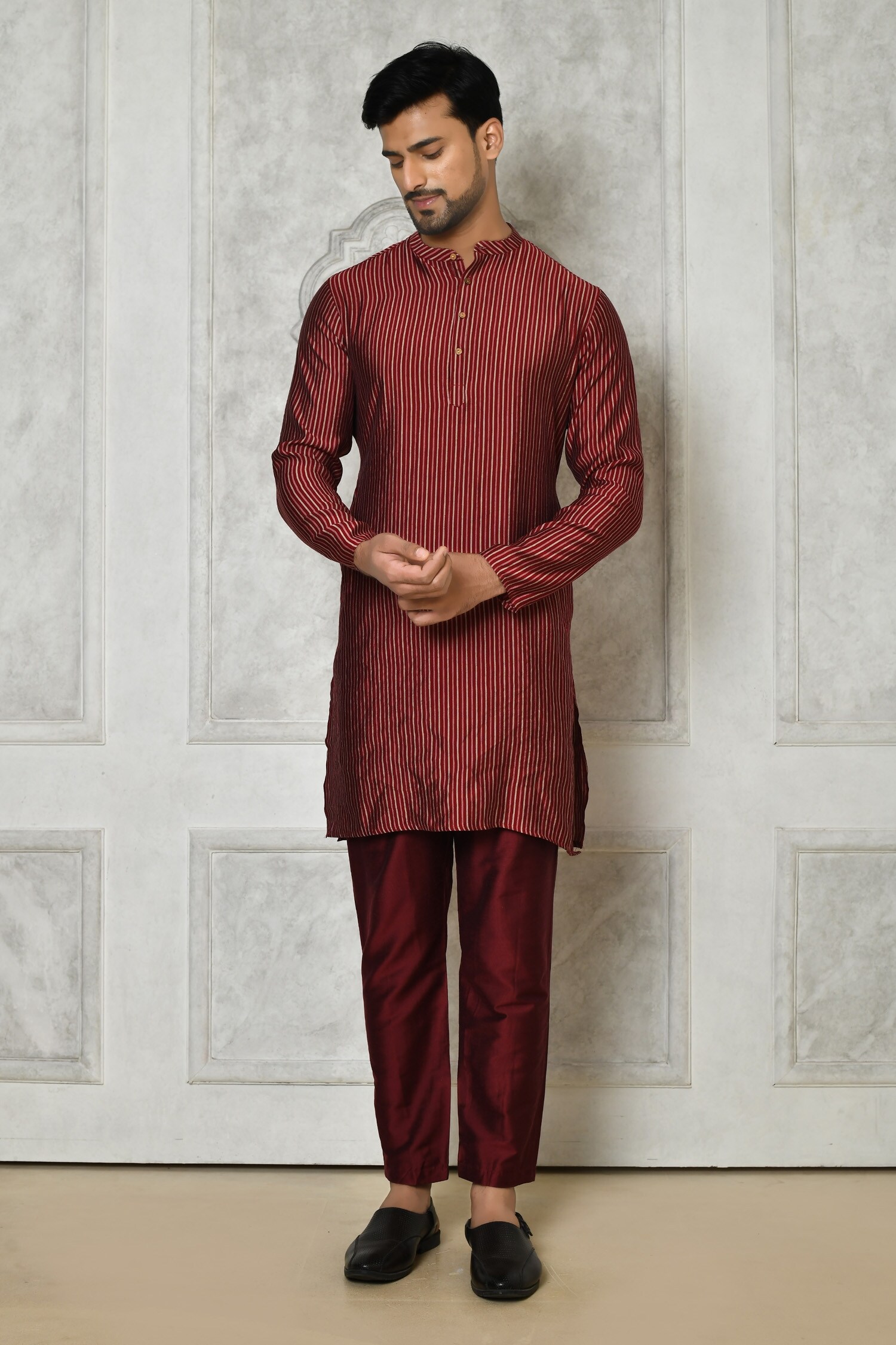 Buy Red Cotton Silk Printed Stripe Straight Kurta For Men by Samyukta ...