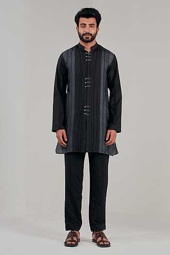 Buy Black Cotton Silk Color Blocked Kurta For Men by Shreyansh Designs ...