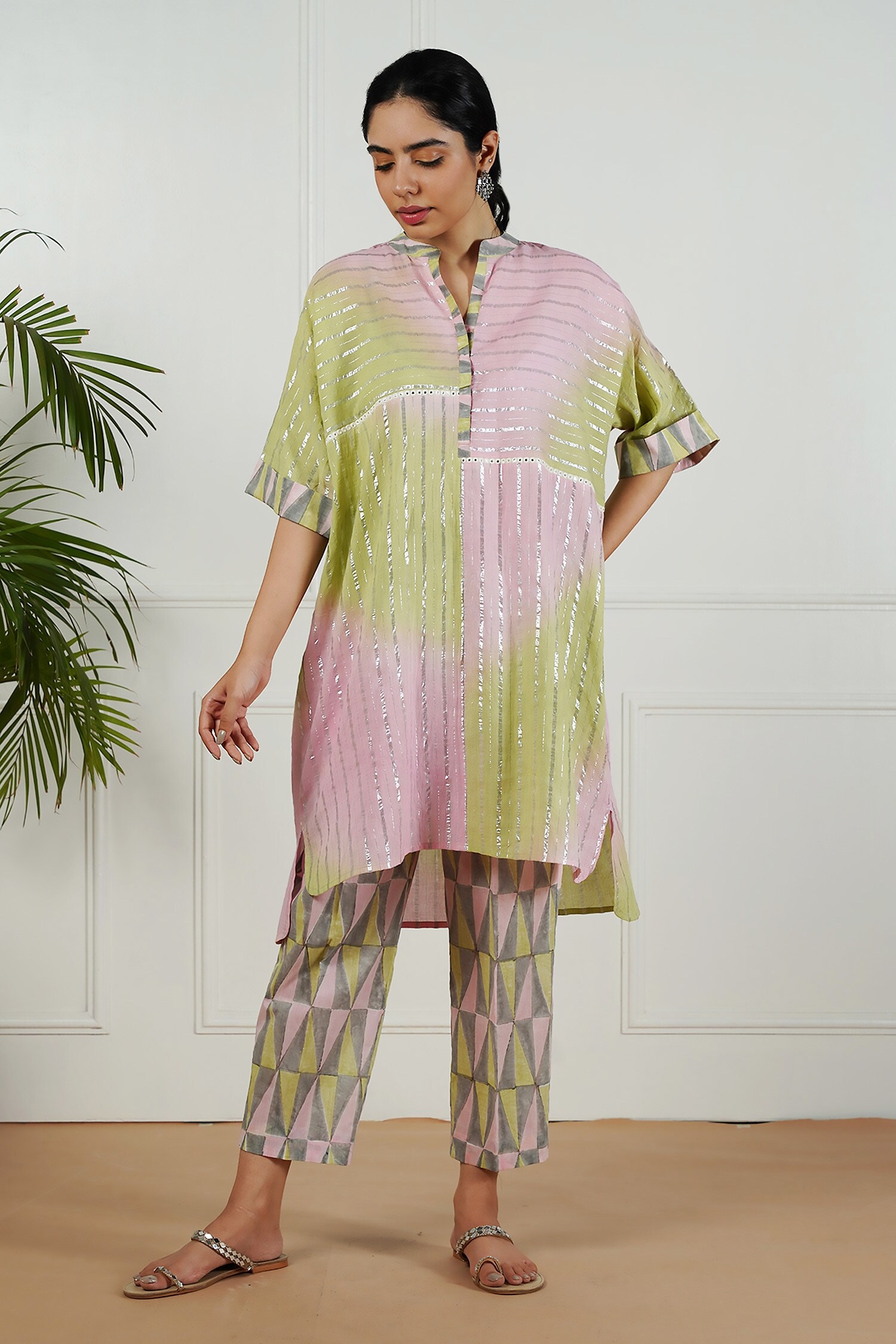 Buy OMI Multi Color Lurex Two Tone Tunic With Pant Online | Aza Fashions