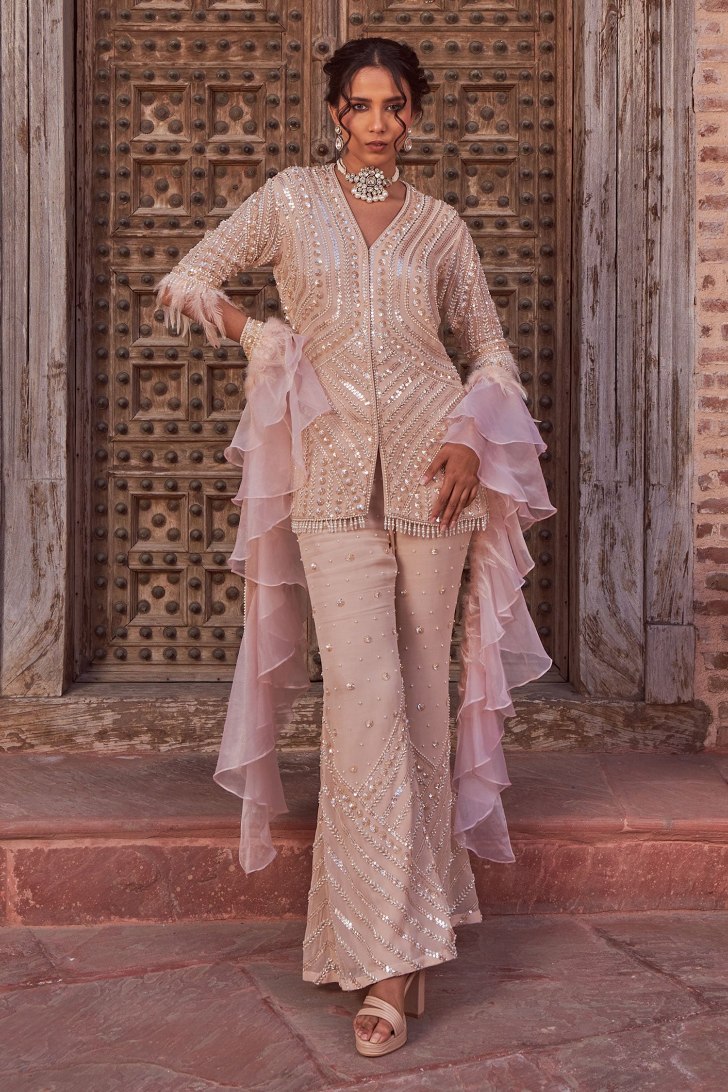 Buy Beige Georgette Embroidery Feather V Neck Ganga Mahotsav Kurta ...