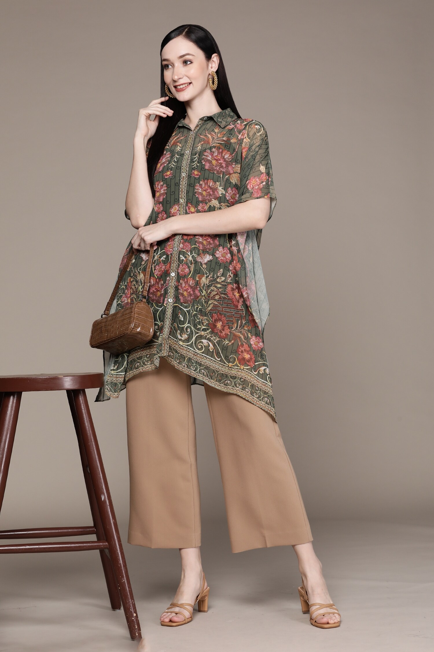 Buy Green Polyester And Georgette Printed Flower Pattern Collared Tunic ...
