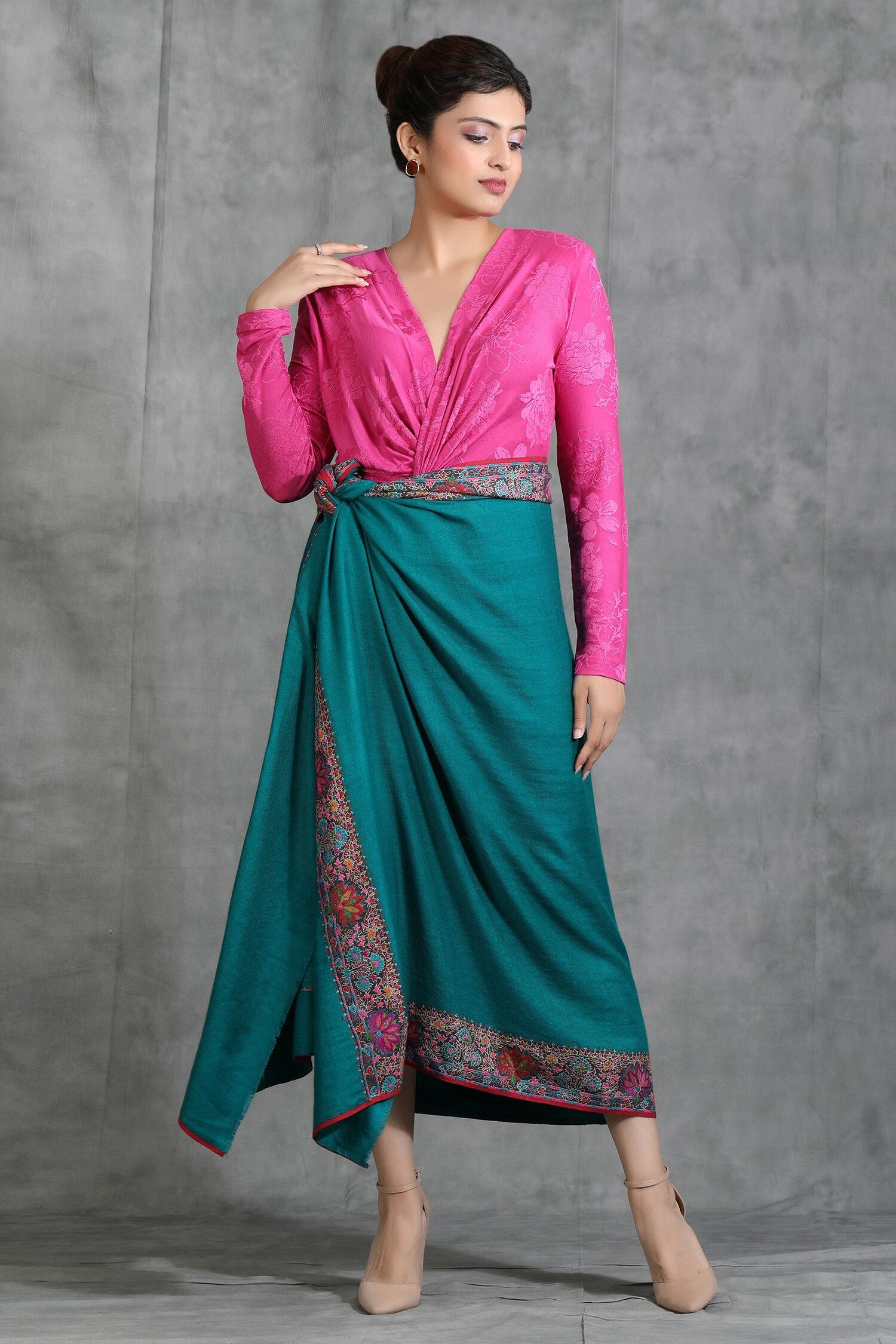 Buy Blue Hand Embroidery Handwoven Pashmina Patchwork Border Shawl by DUSALA Online at Aza Fashions.