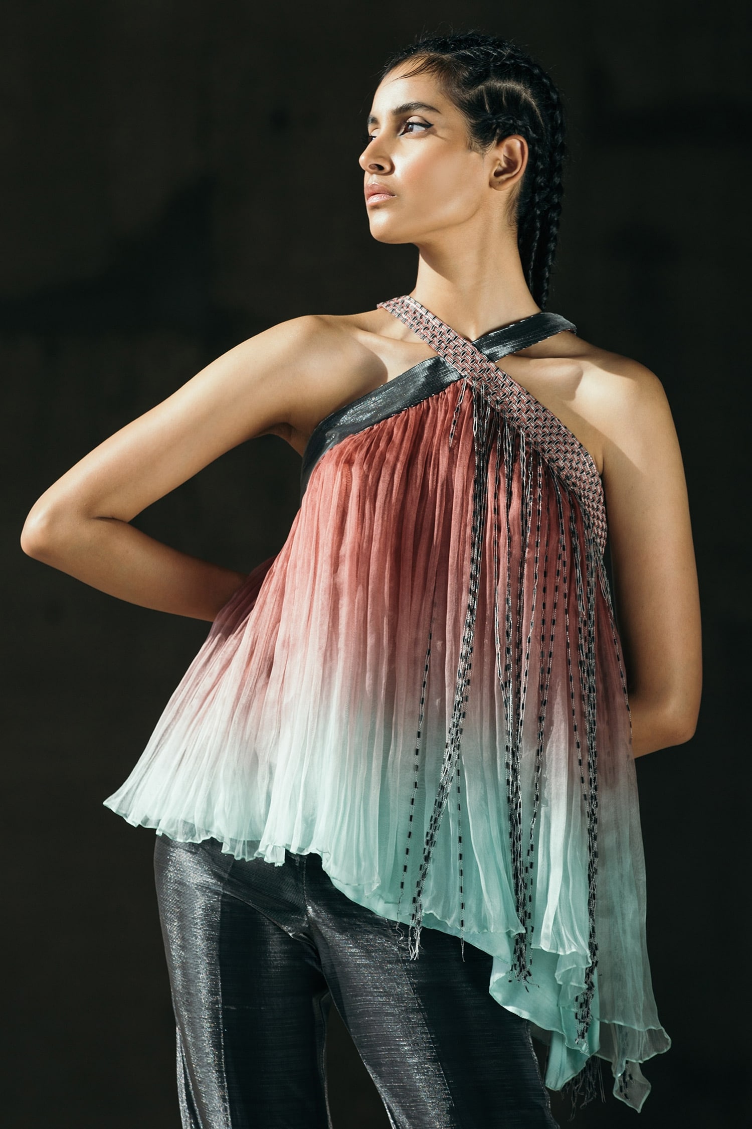 Buy Green 100% Silk Organza Embroidered Stripes Halter Ombre Top For ...