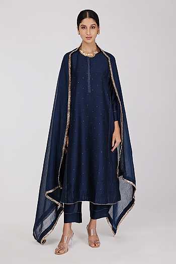 Buy Komal Shah Blue Cotton Embroidered Kalidar Kurta Set Online | Aza ...