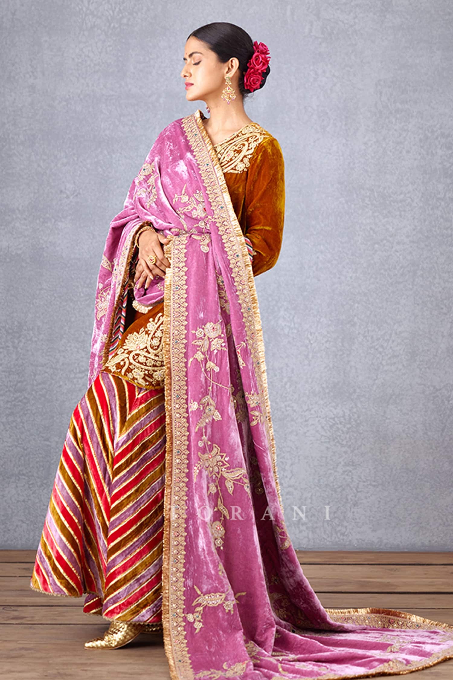 Buy Pink Velvet And Crepe Print & Embroidery Ruzava Nadira Doshala For ...