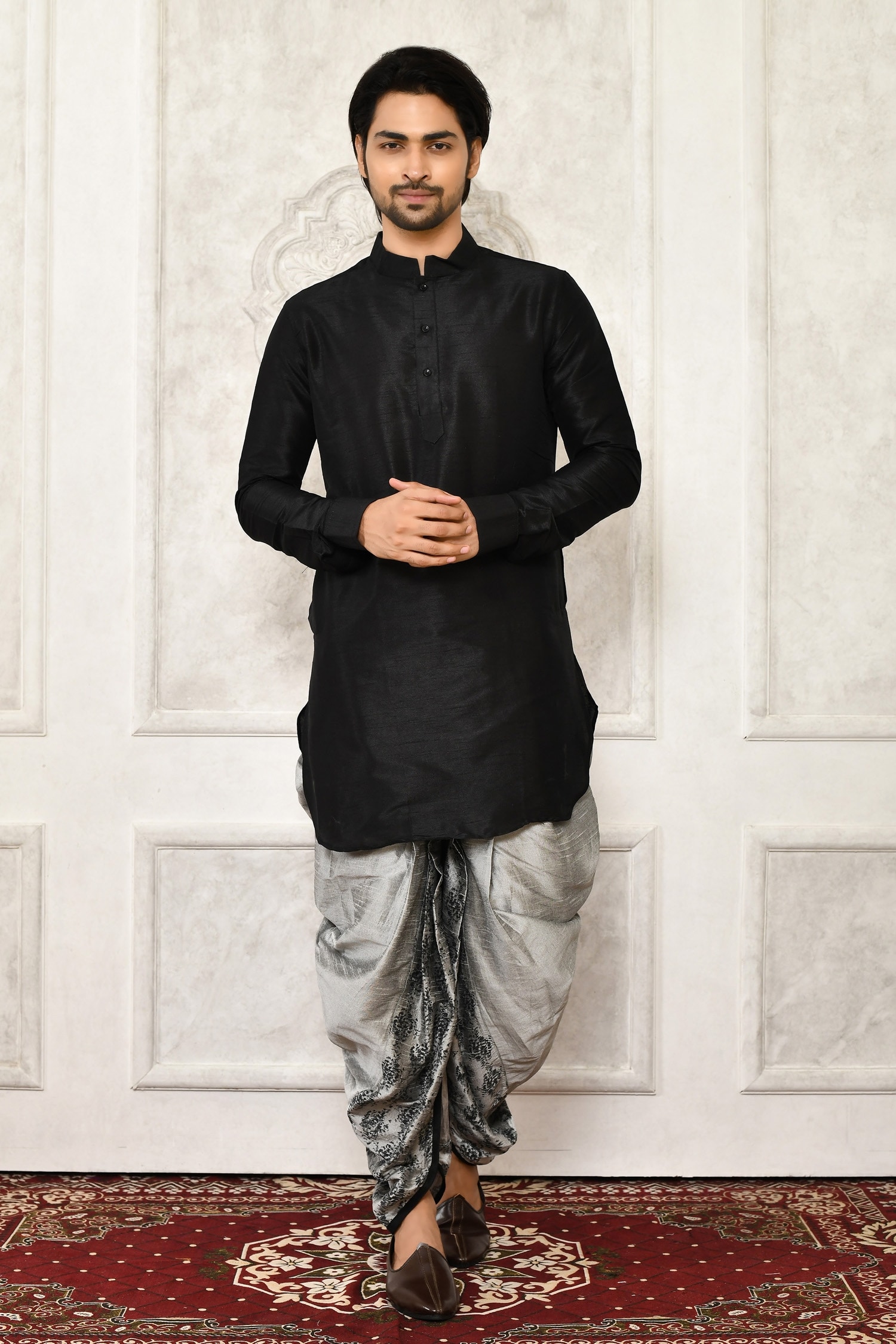 Buy Black Dupion Silk Printed Floral Solid Kurta And Grey Dhoti Pant ...