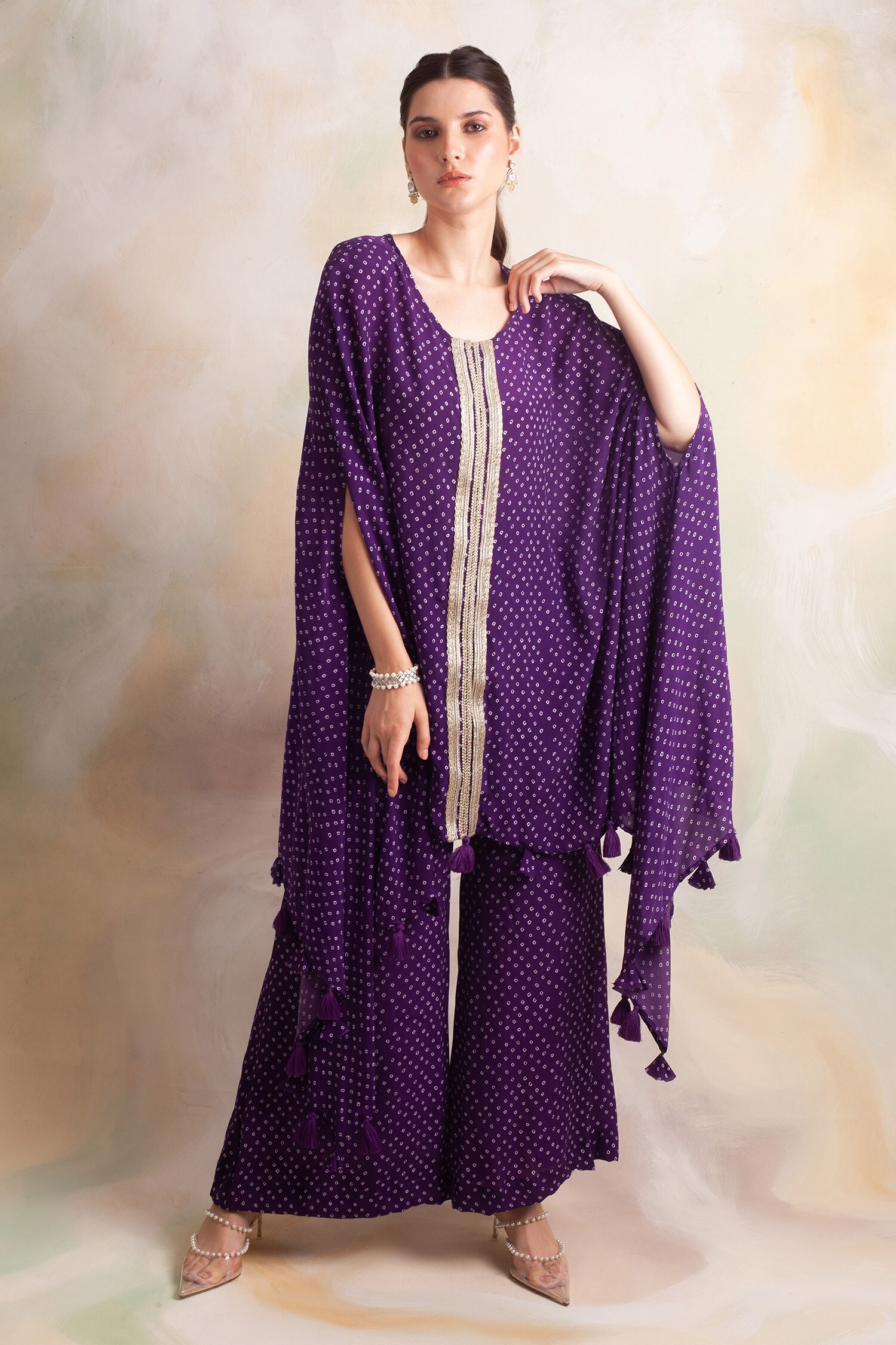 Buy Palak & Mehak Purple Crepe Printed Cape Top And Flared Pant Set ...