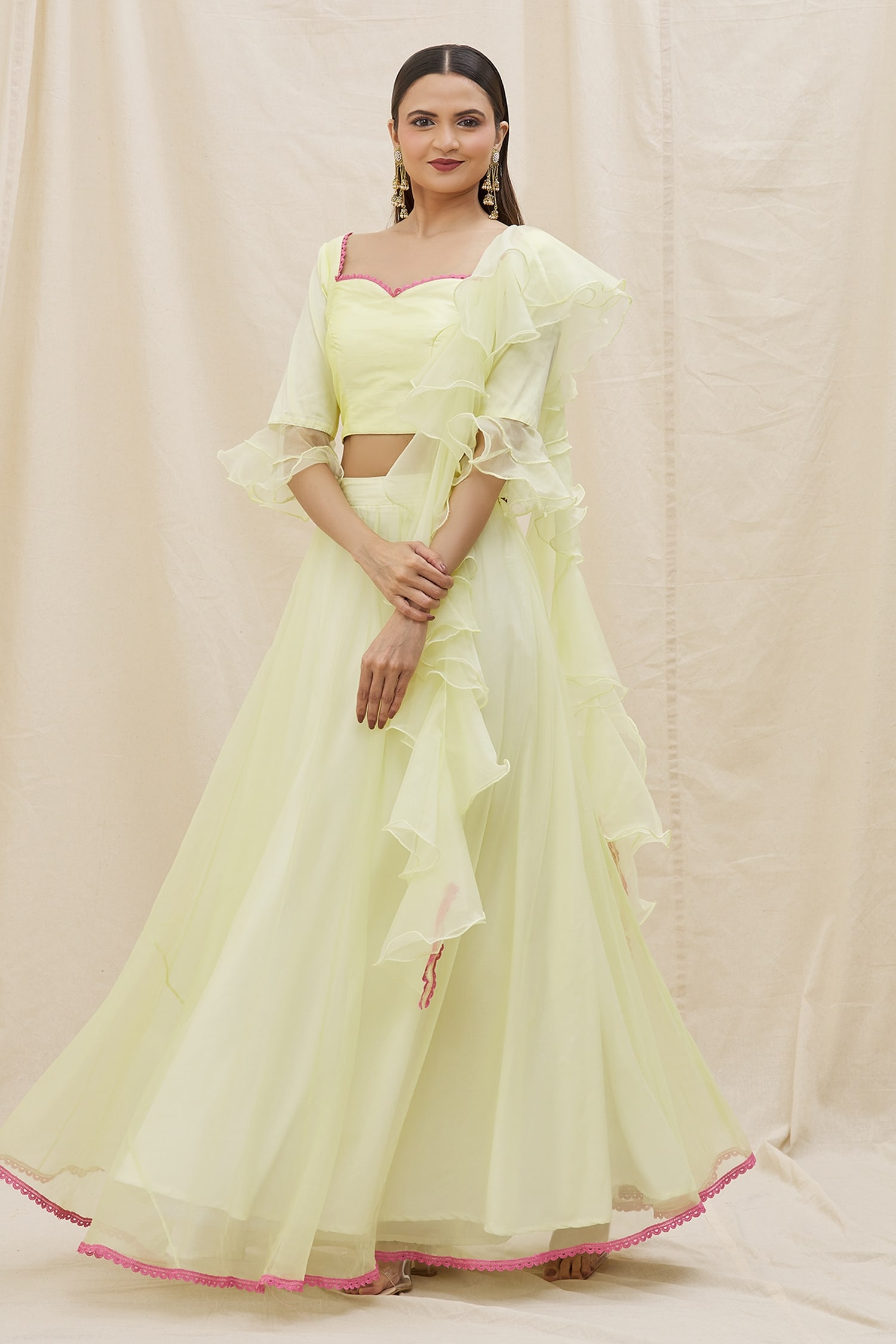 Buy Yellow Crop Top Taffeta Sweetheart Neck Flared Organza Lehenga Set ...