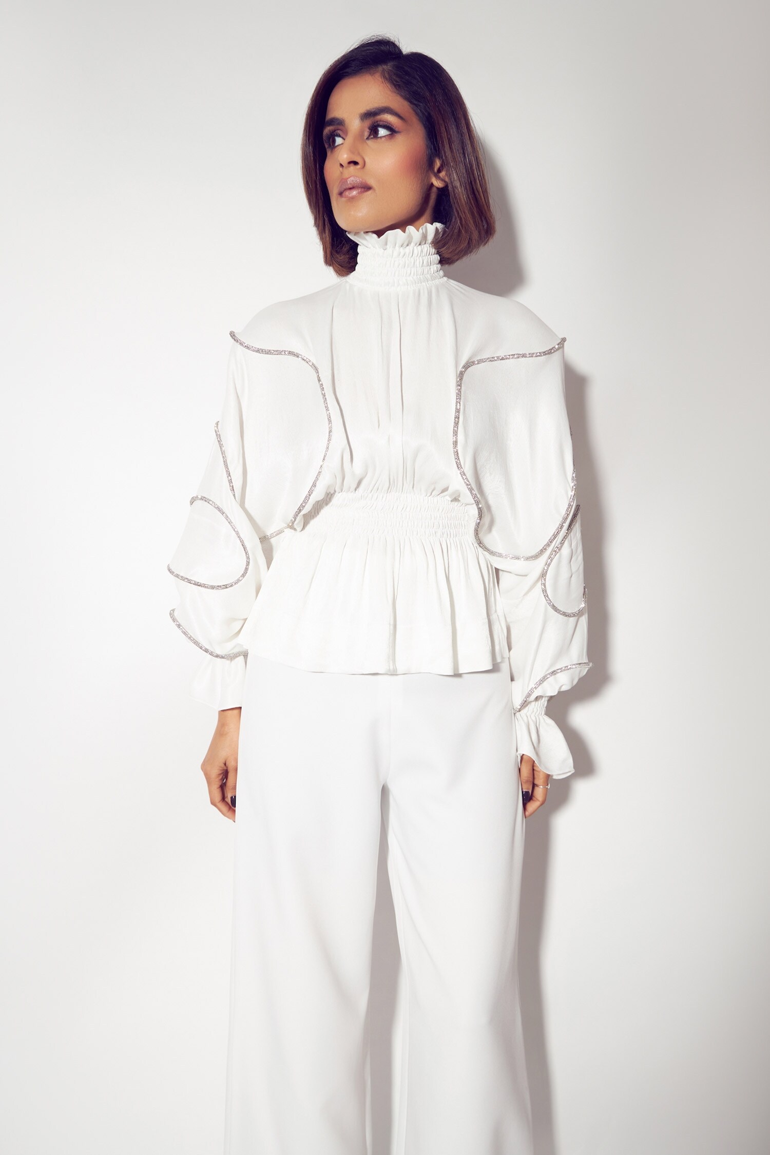 Buy White Satin Embellished Glitter Cord Round High Neck Pegasus Top ...