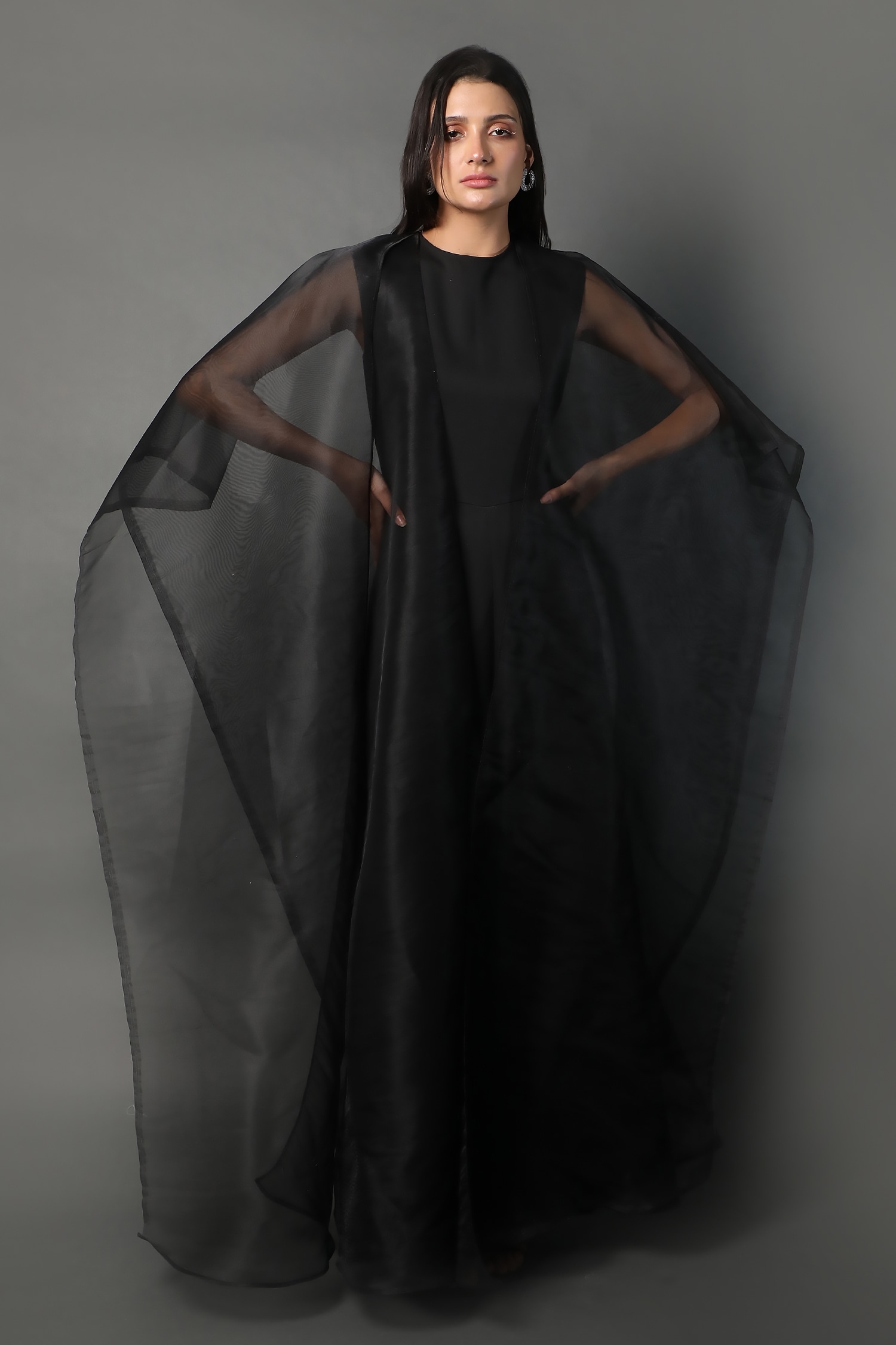 Buy Black Heavy Crepe And Organza Plain Round Neck Drape Jumpsuit For ...