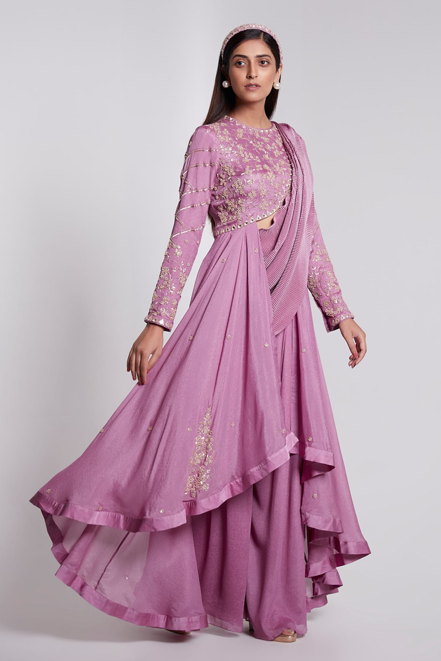 Buy Purple Crepe Embroidery Floral Round Neck Pre-pleated Pant Saree ...