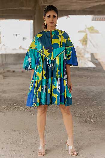 Buy Pooja-Keyur Blue Cotton Satin Paradise Print Dress Online | Aza ...