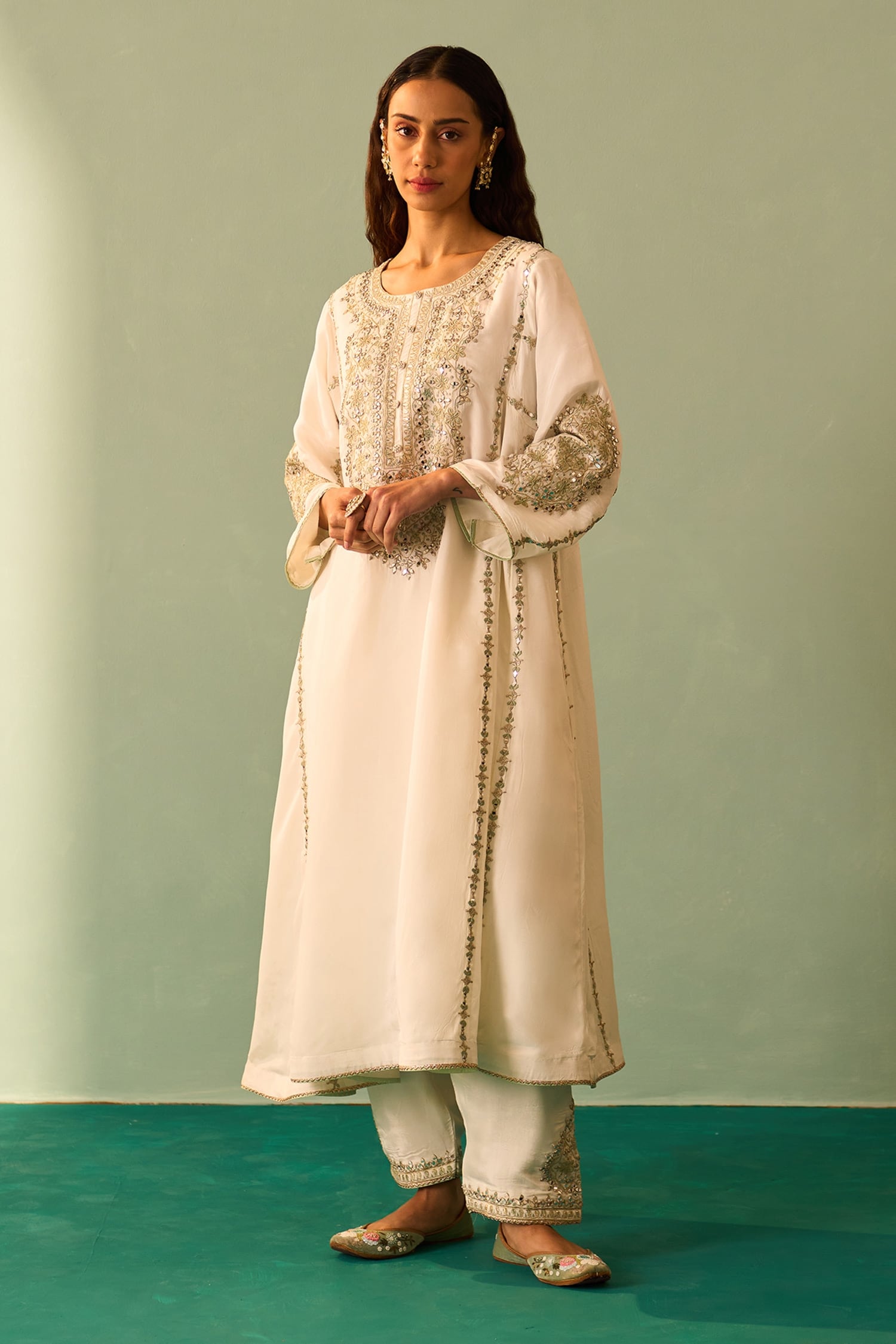 Buy Ivory Lining Crepe Embroidered Floral Round Choga Pant Set For ...