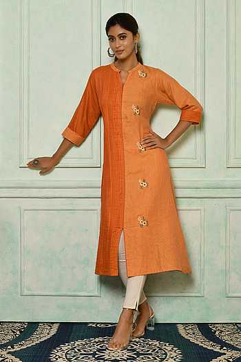 Buy Orange Cotton Embroidery Daisy Collared Neck Front Slit Kurta For ...