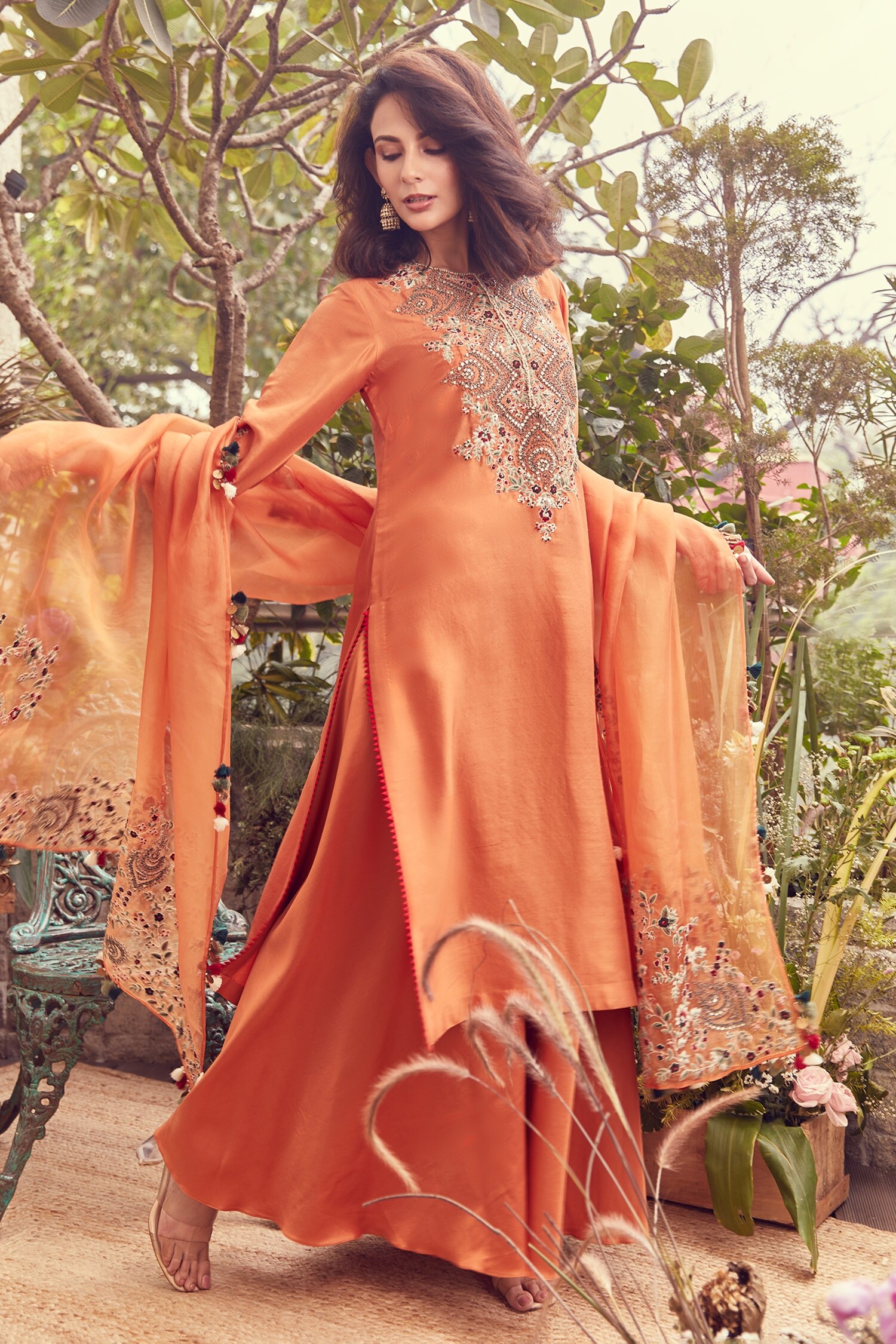 Buy Orange Kurta Silk Embroidery Floral Round Placket Set For Women by ...