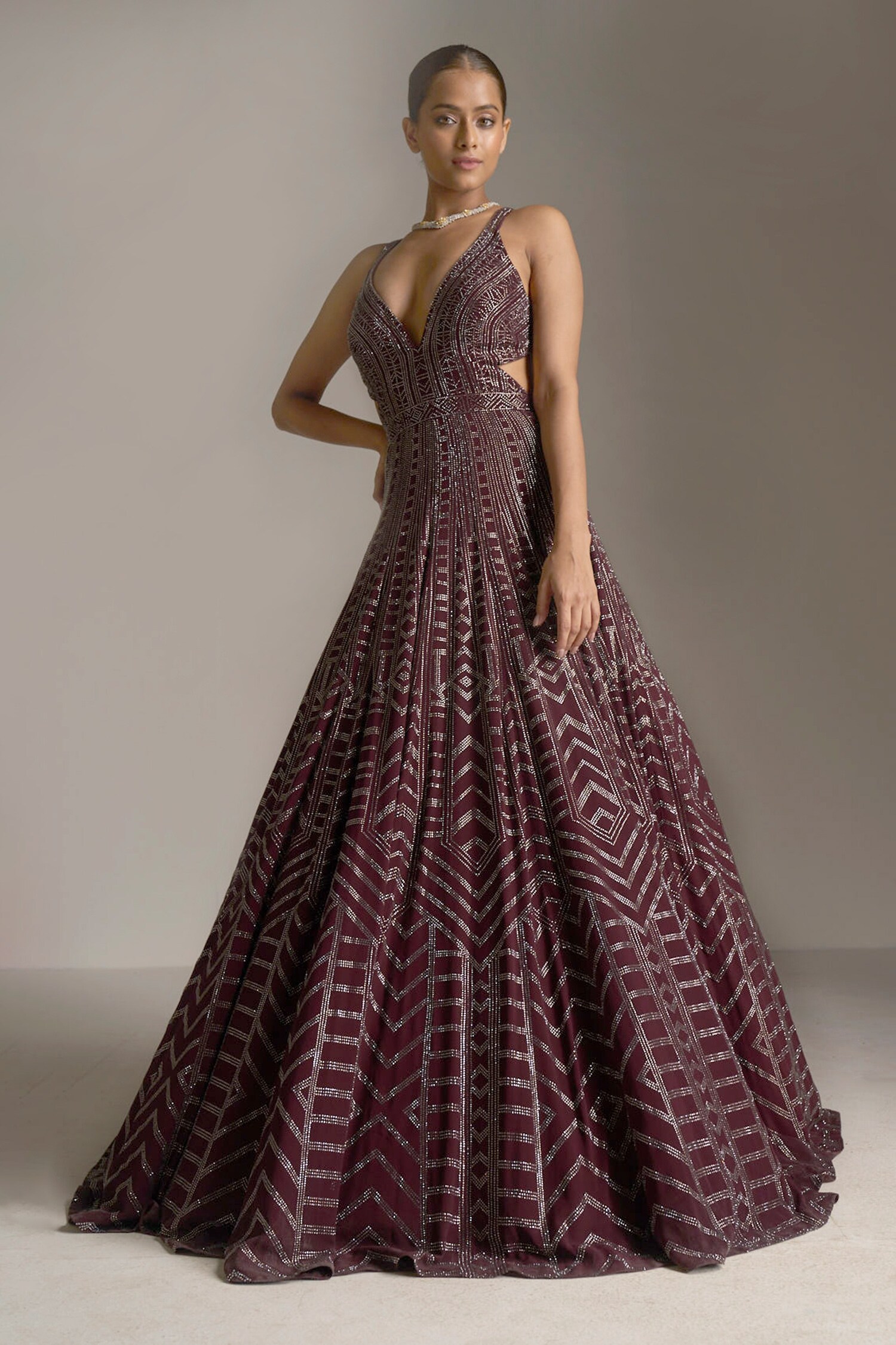 Buy Maroon Georgette Embellished Crystals Plunge Geometric Pattern Gown ...