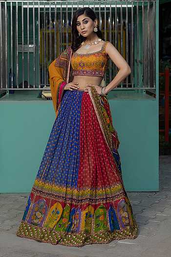Buy Multi Color Georgette Printed And Hand Embroidered Panelled Lehenga ...