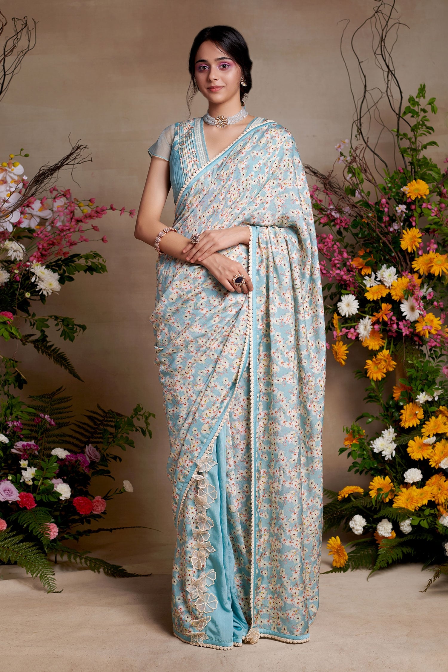 Buy Blue Vis Chanderi Embroidered Printed Tender Love Saree With Blouse ...