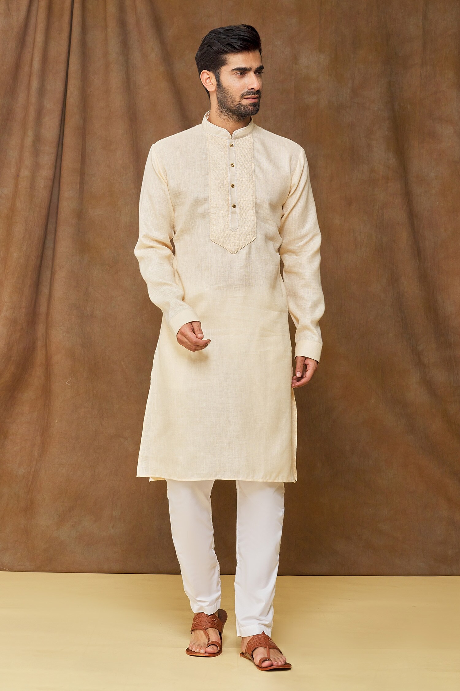 Buy Beige Kurta Premium Linen Cotton Pintuck Bodice Set For Men by ...