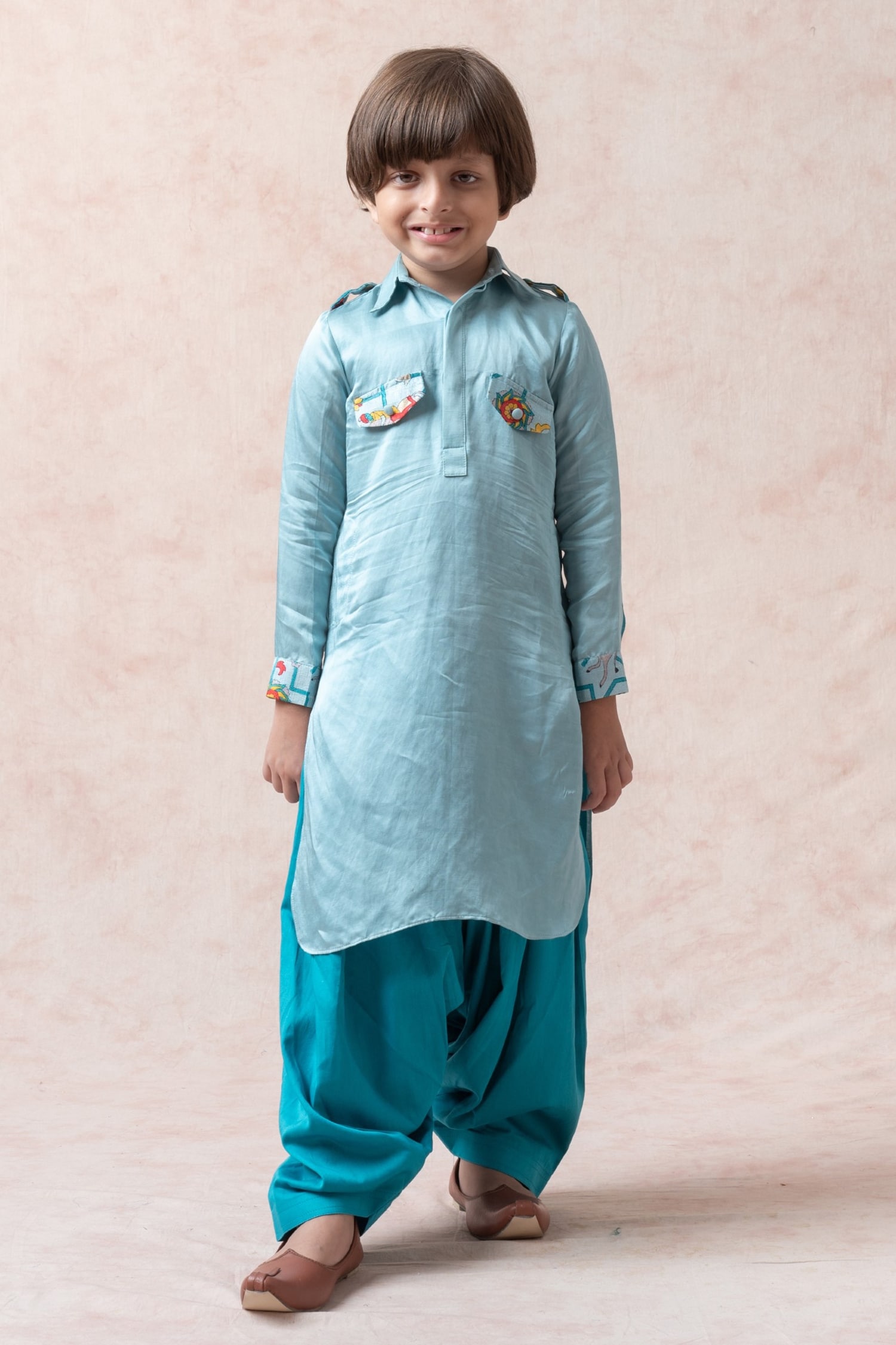 Buy Sky Blue Dupion Silk Print Floral Pocket Pathani Kurta Set For Boys ...
