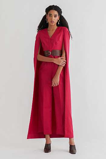 Buy Pink Terry Rayon Plain V Neck Robin Solid Cape Sleeve Jumpsuit For ...