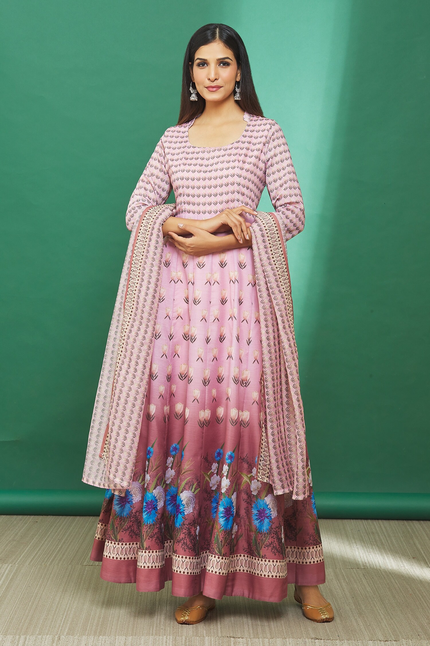 Buy Naintara Bajaj Pink Chanderi Digital Print Ombre Hemline Anarkali ...