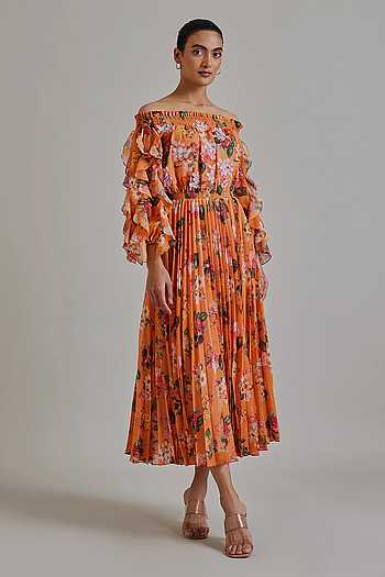 Buy Pankaj & Nidhi Orange Chiffon Venus Frilly Accent Sleeve Botanical ...