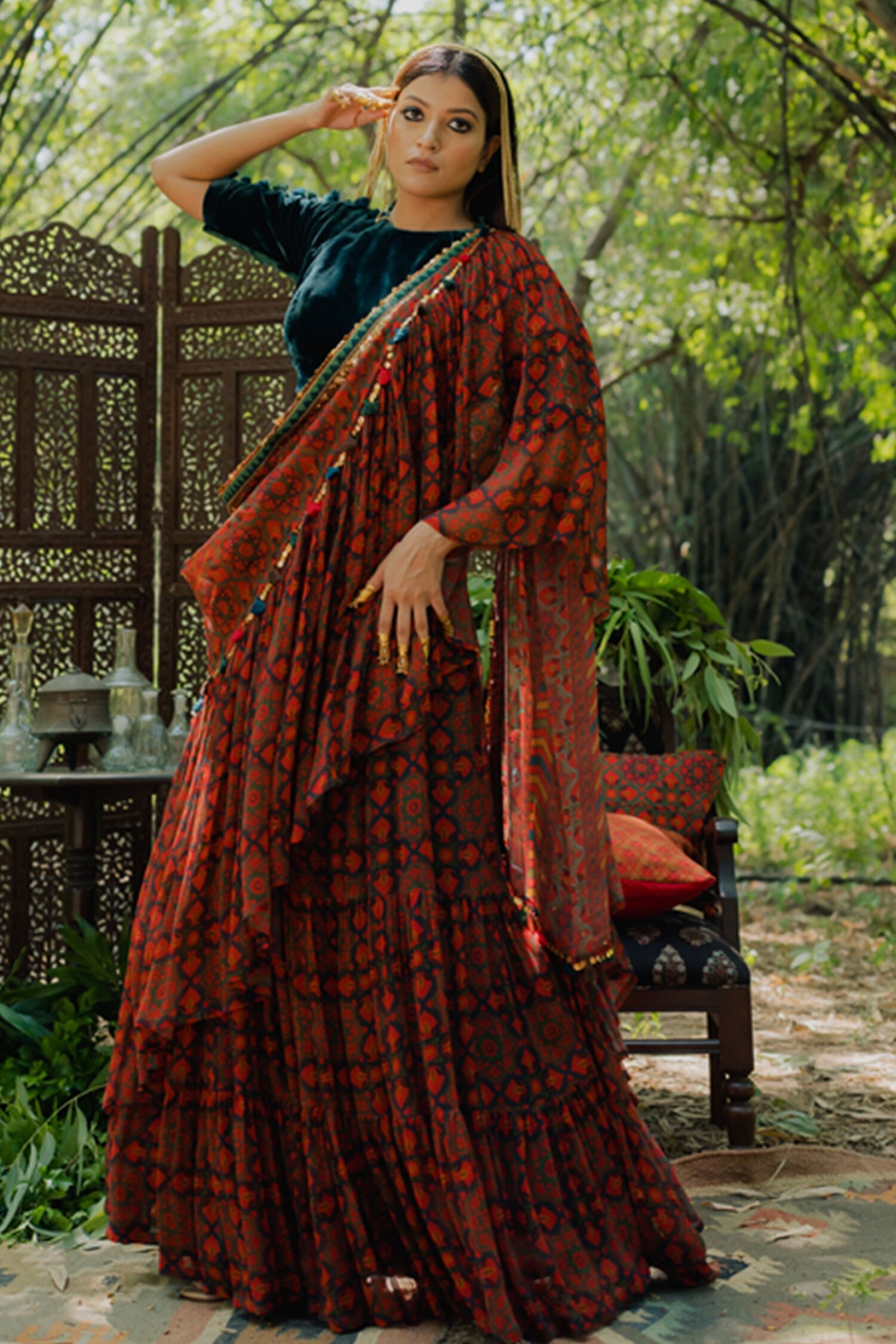 Buy Red Saree Chiffon Embroidered Aari Floral Print Ruffled With Velvet ...