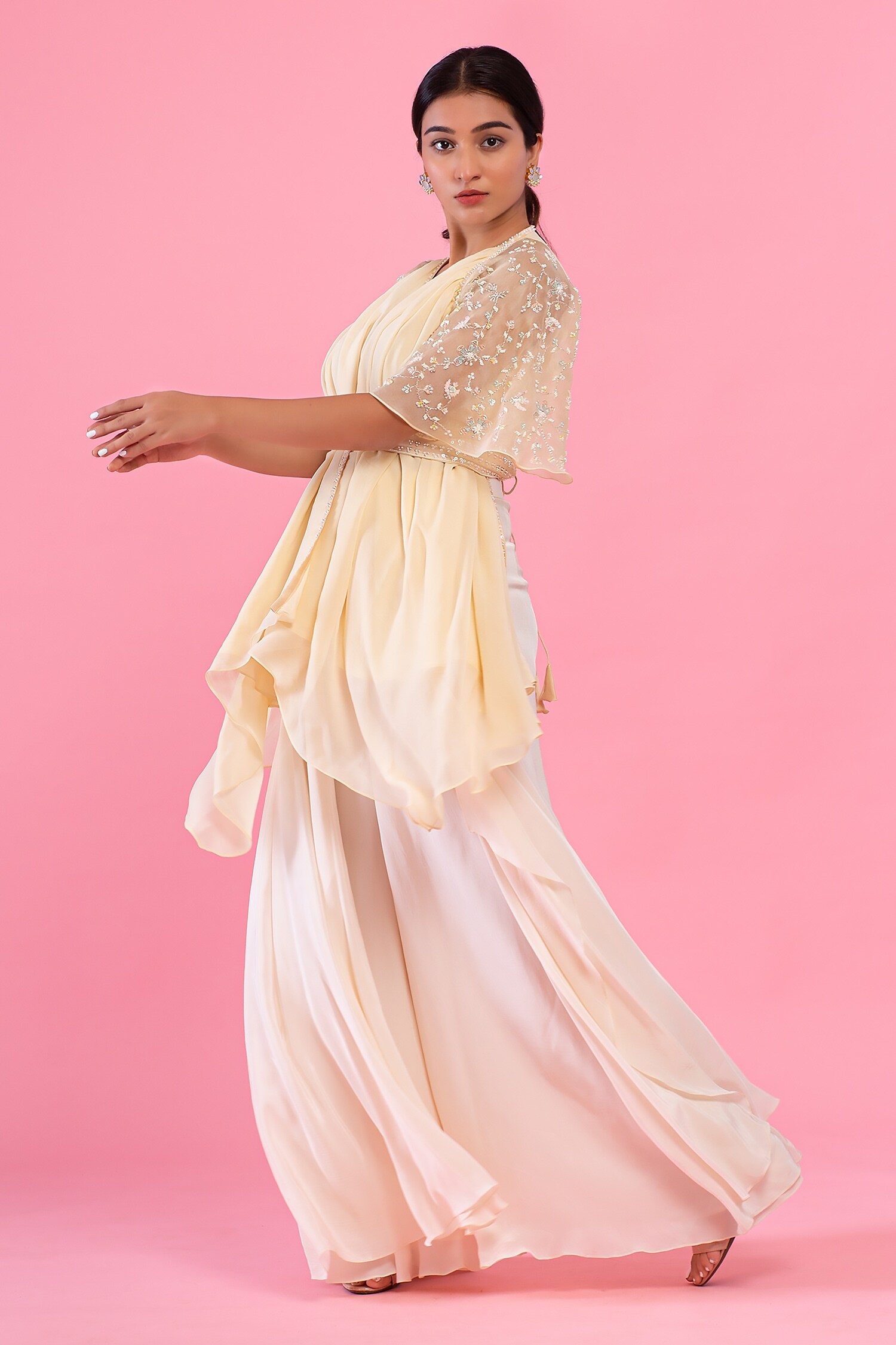 Buy Yellow Georgette Hand Embroidered Glass Beads Cape Palazzo Set For ...