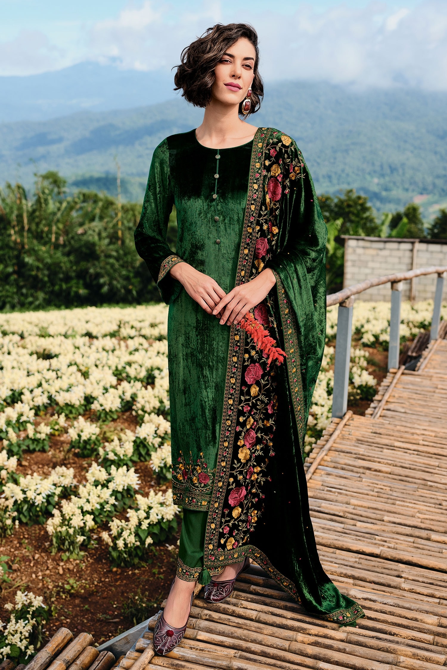 Buy Green Velvet Embroidered Parsi Round Kurta Set With Dupatta For ...
