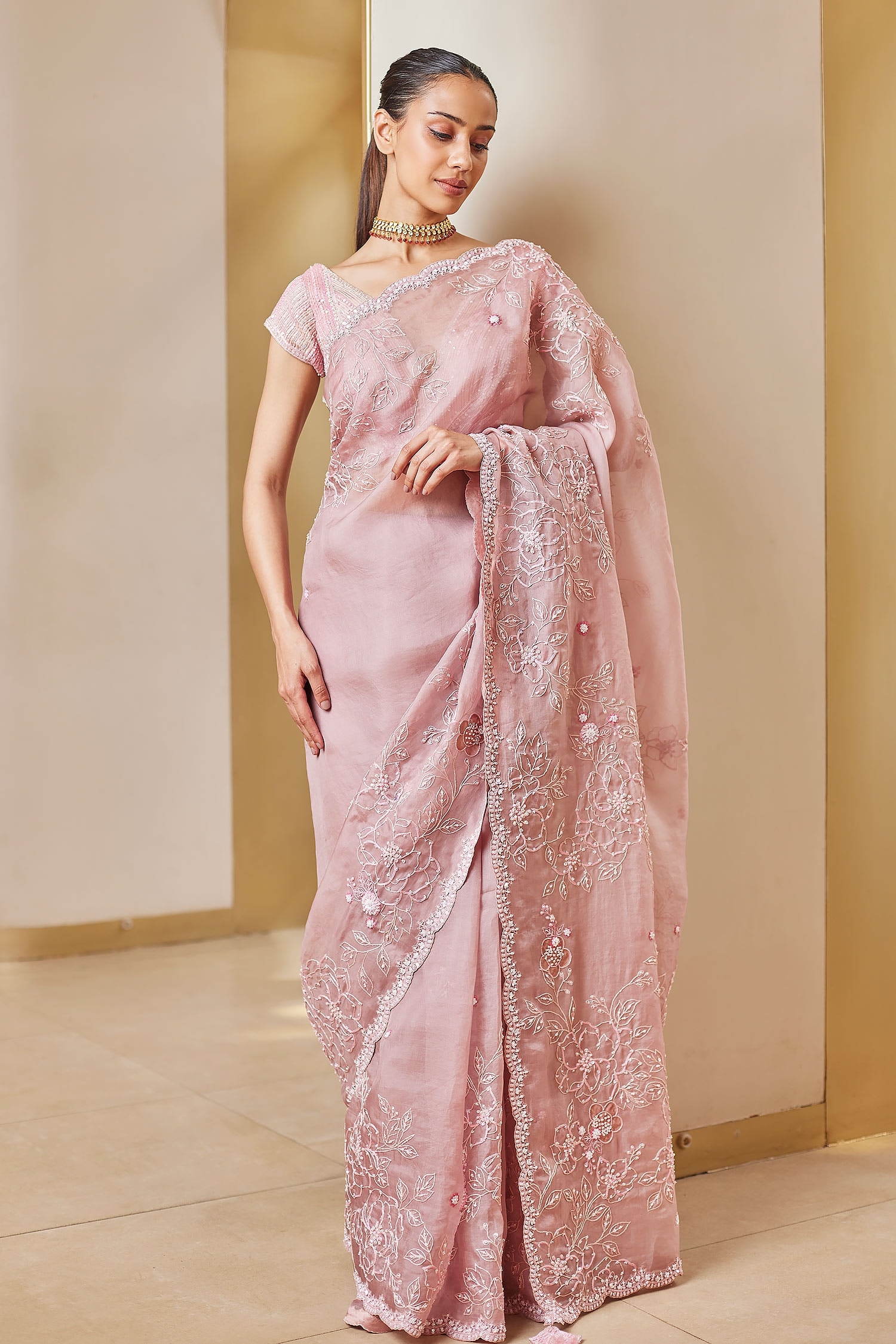 Buy Pink Organza Embroidery Rose Deep V Neck Saree With Blouse For ...