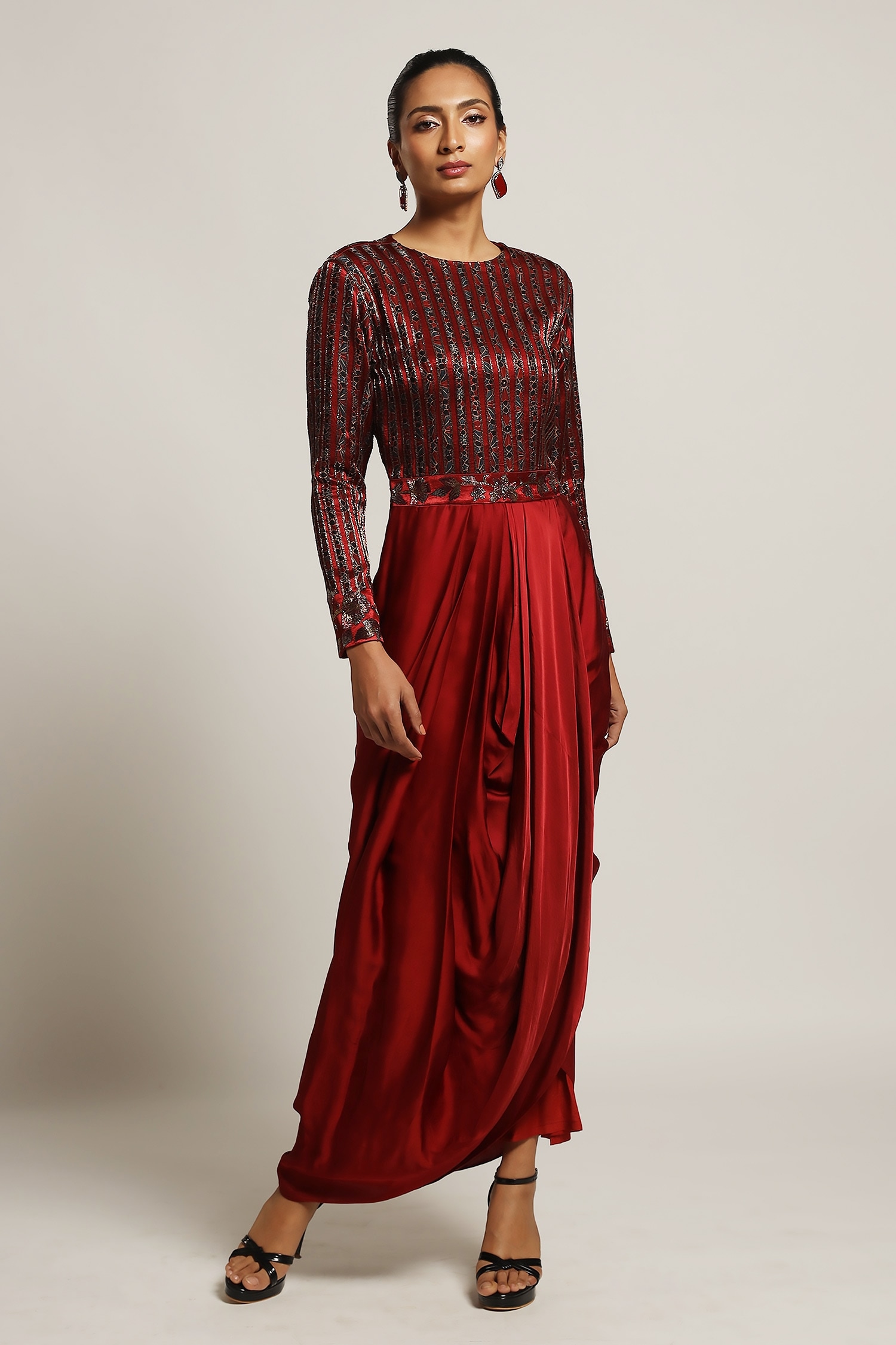 Buy Sejal Kamdar Maroon Gajji Silk Stripe Pattern Draped Tunic Online ...