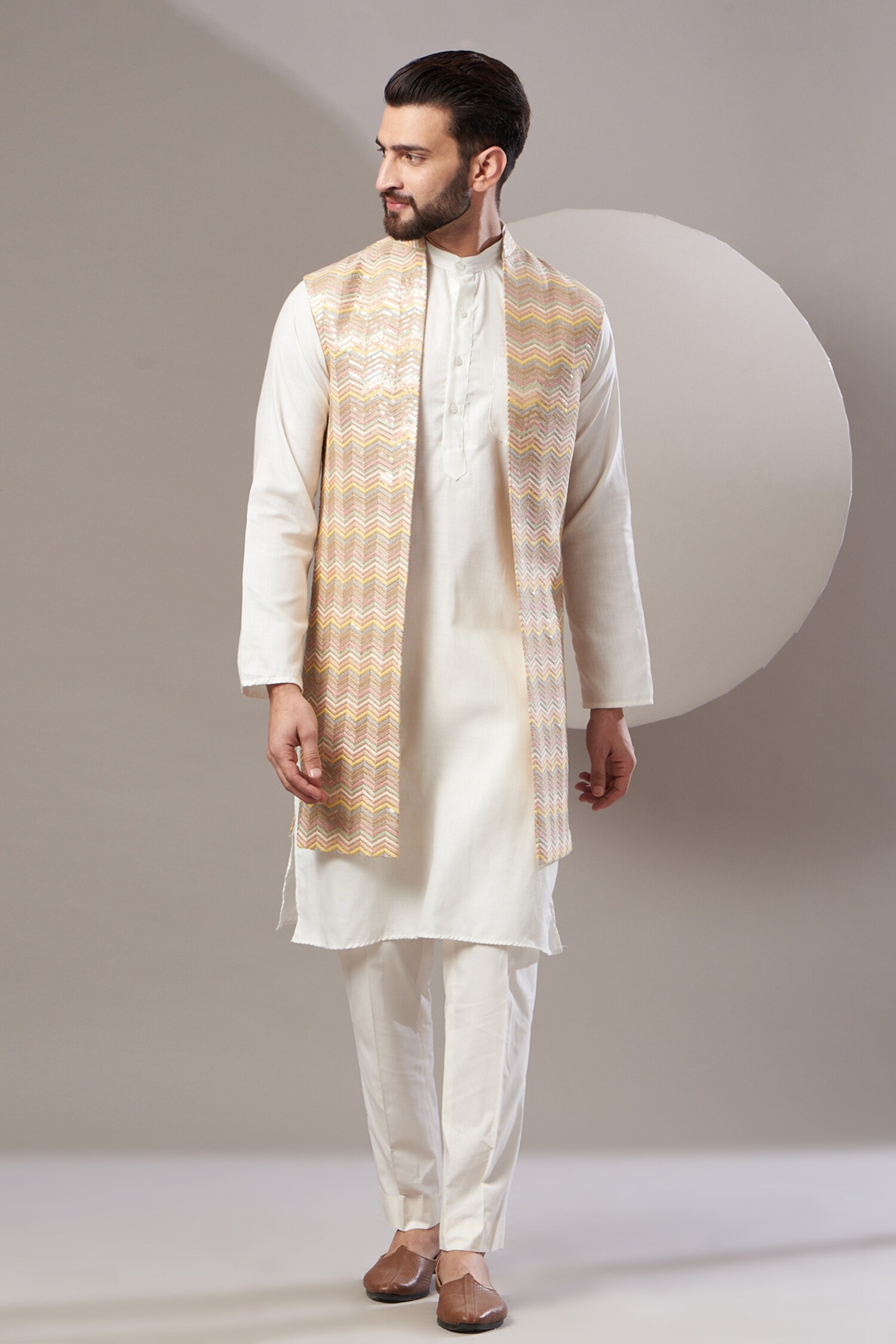 Buy Peach Georgette Embroidered Chevron Long Nehru Jacket For Men by ...
