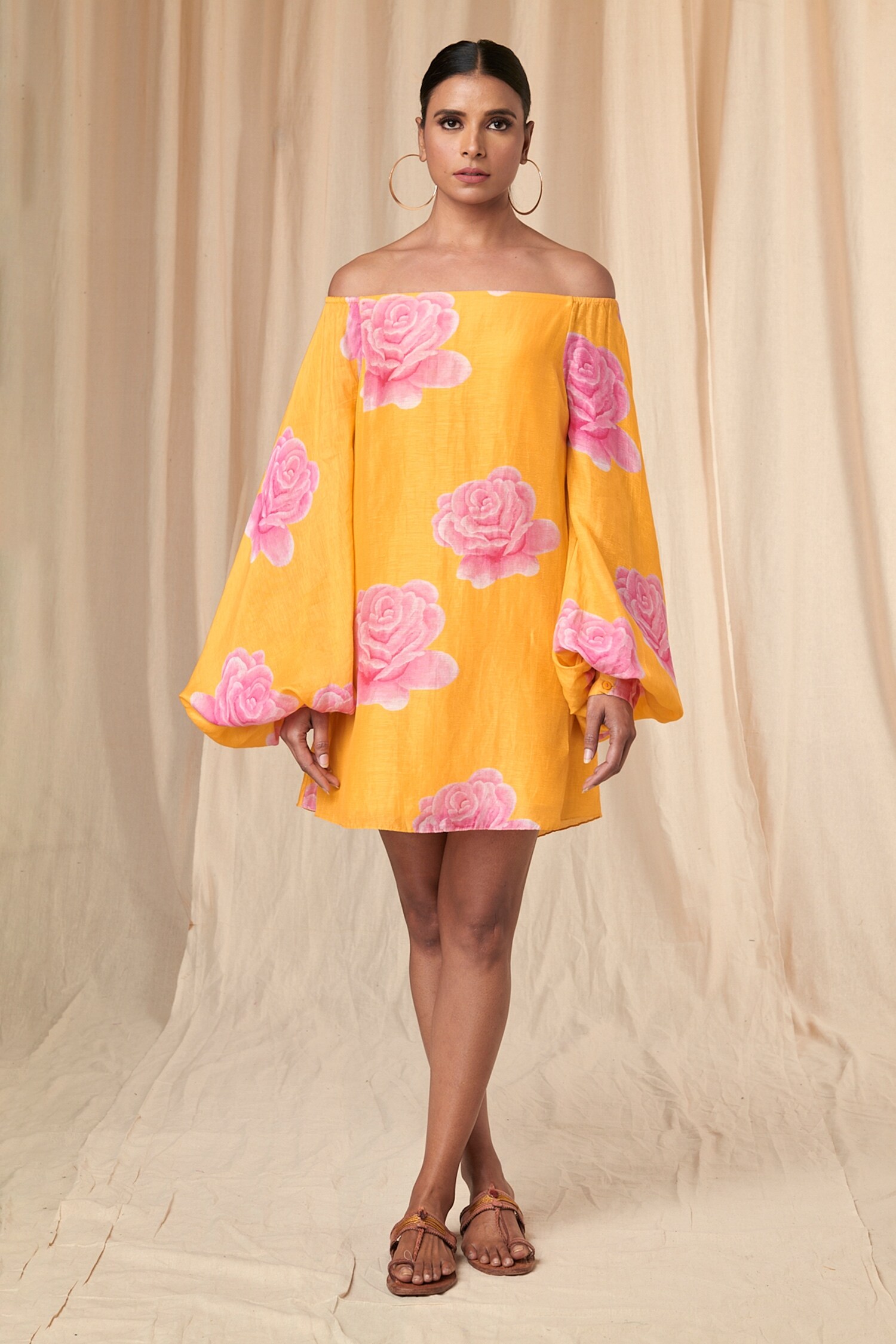 Buy Masaba Yellow Bemberg Linen Kat Off Shoulder Rosy Print Short Dress ...