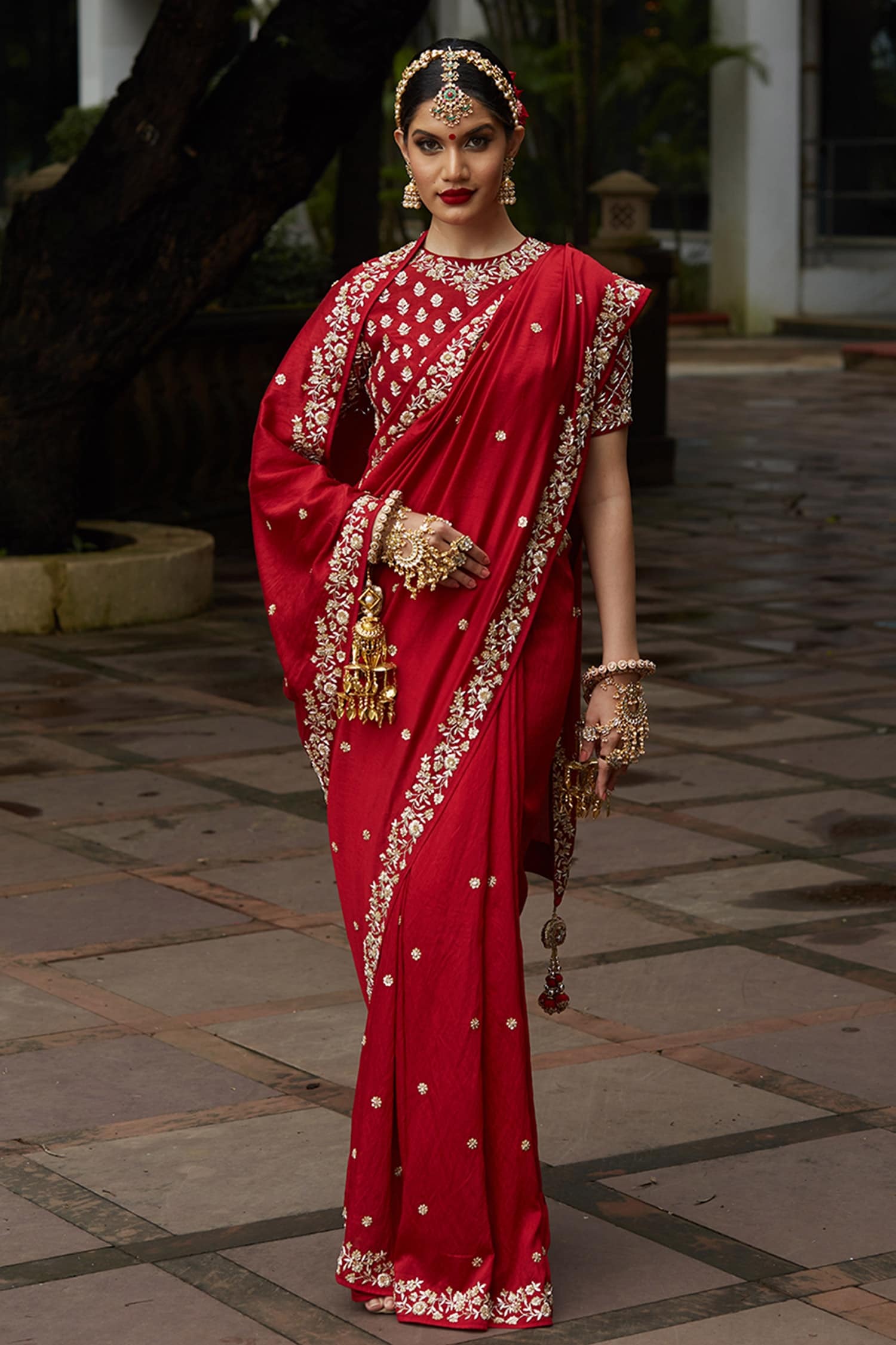 Buy Red Silk Embroidery Zardozi And Buttis Round Border Saree With ...