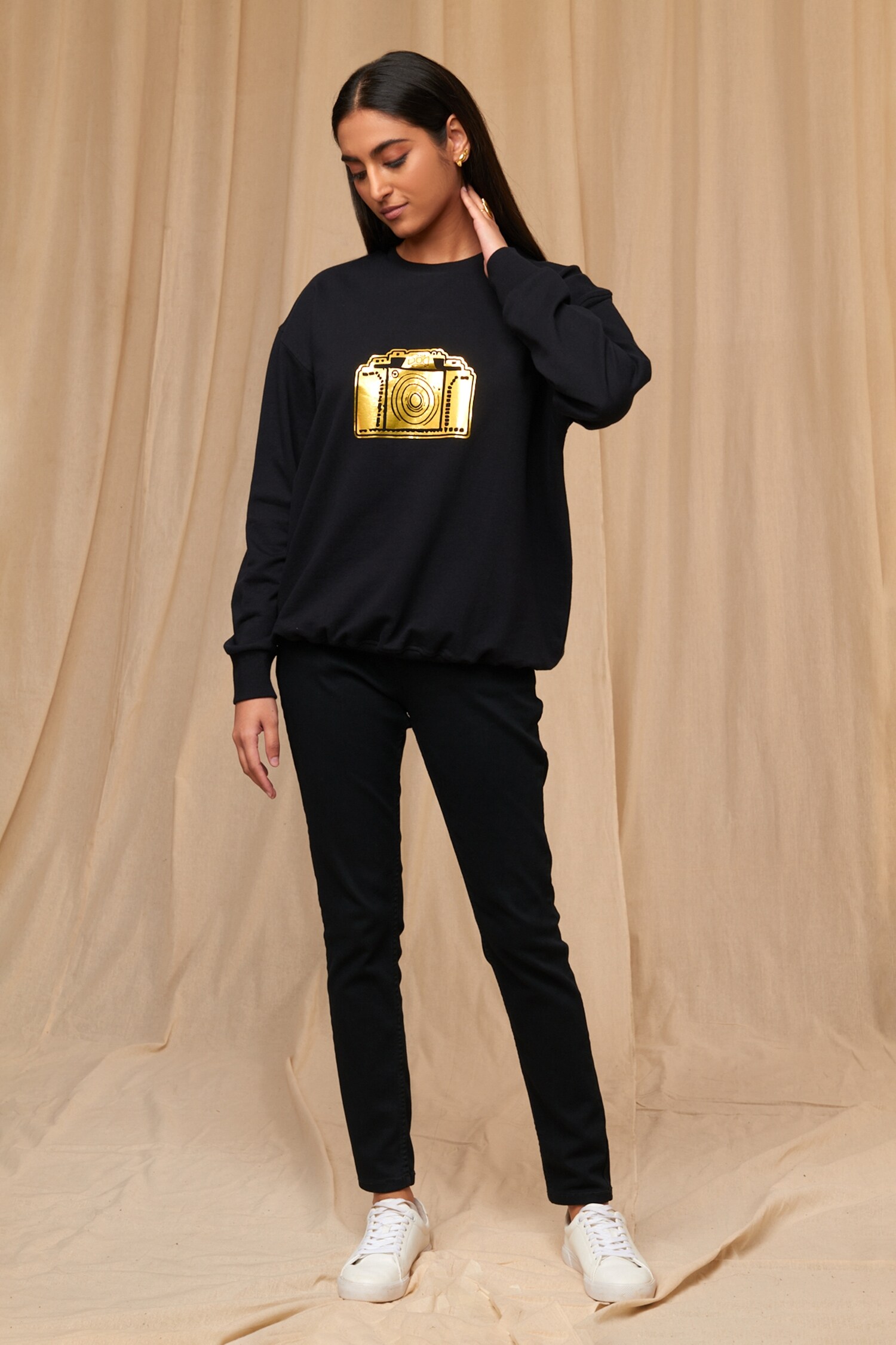 Buy Black Knit Printed Camera Motif Round Sweatshirt For Women by ...