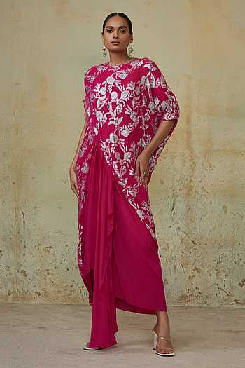 Buy Style Junkiie Pink Crepe Self Embroidered Floral Vine Tunic Online ...