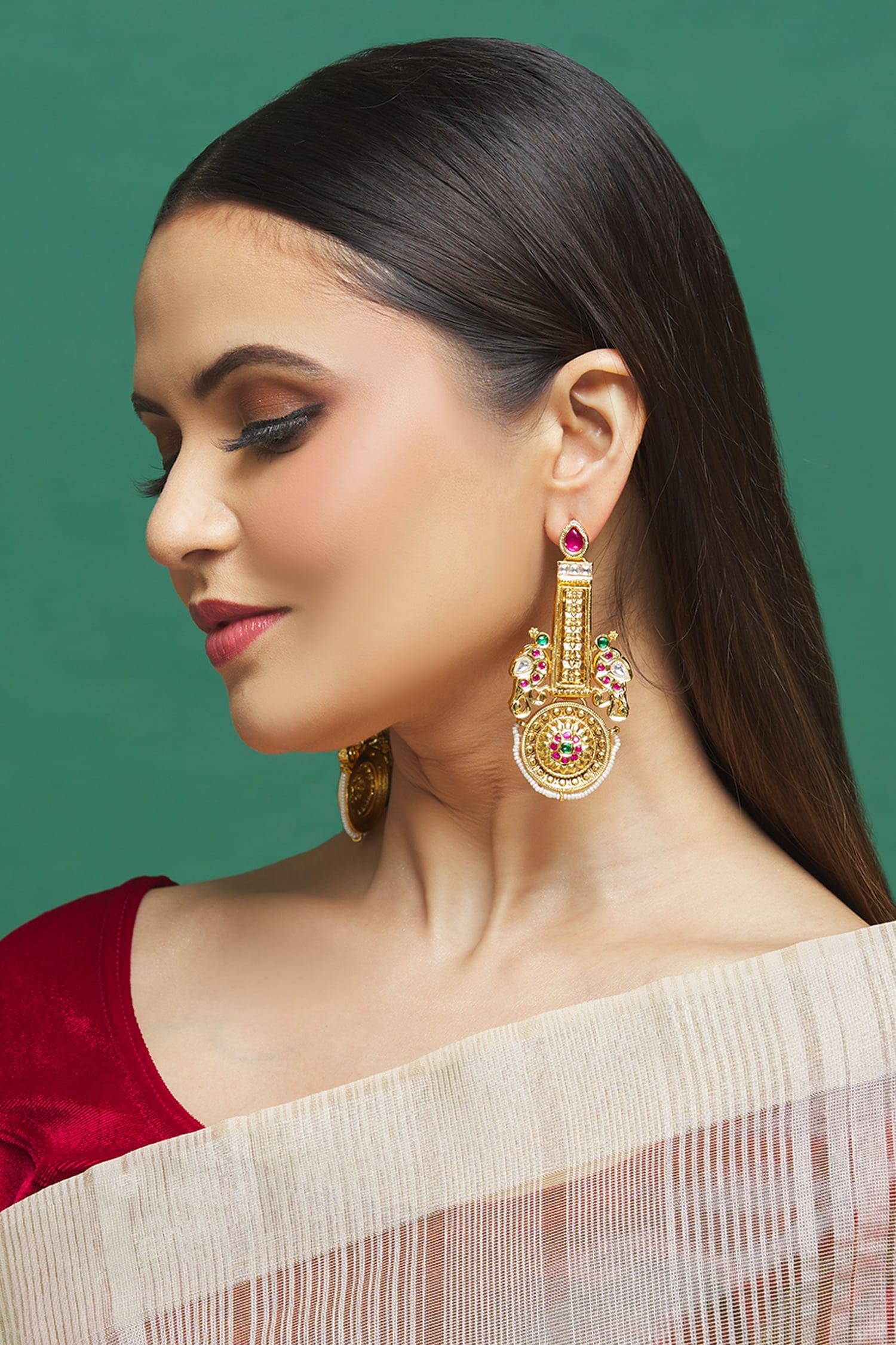 Buy Gold Plated Stones And Beads Peacock Design Dangler Earrings by Our ...